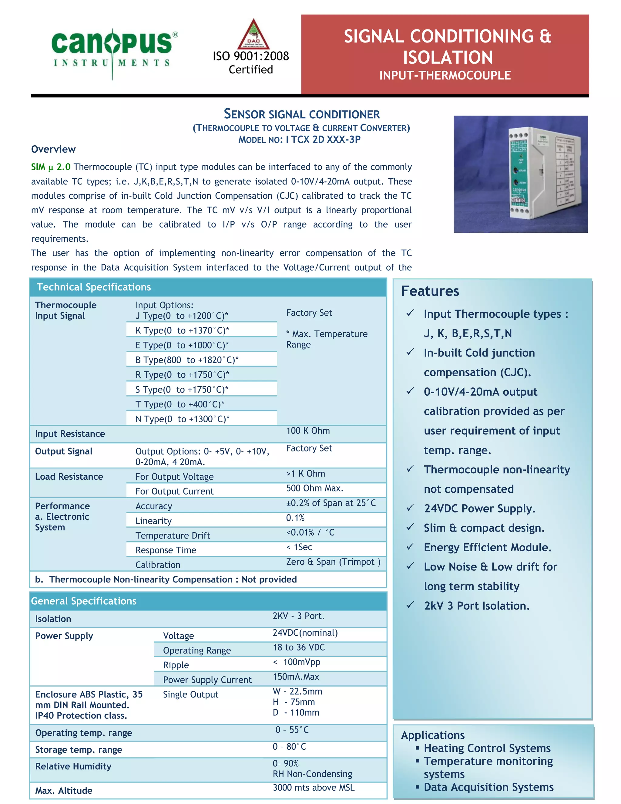 Thermocouple Signal Converter - Canopus Instruments | PDF
