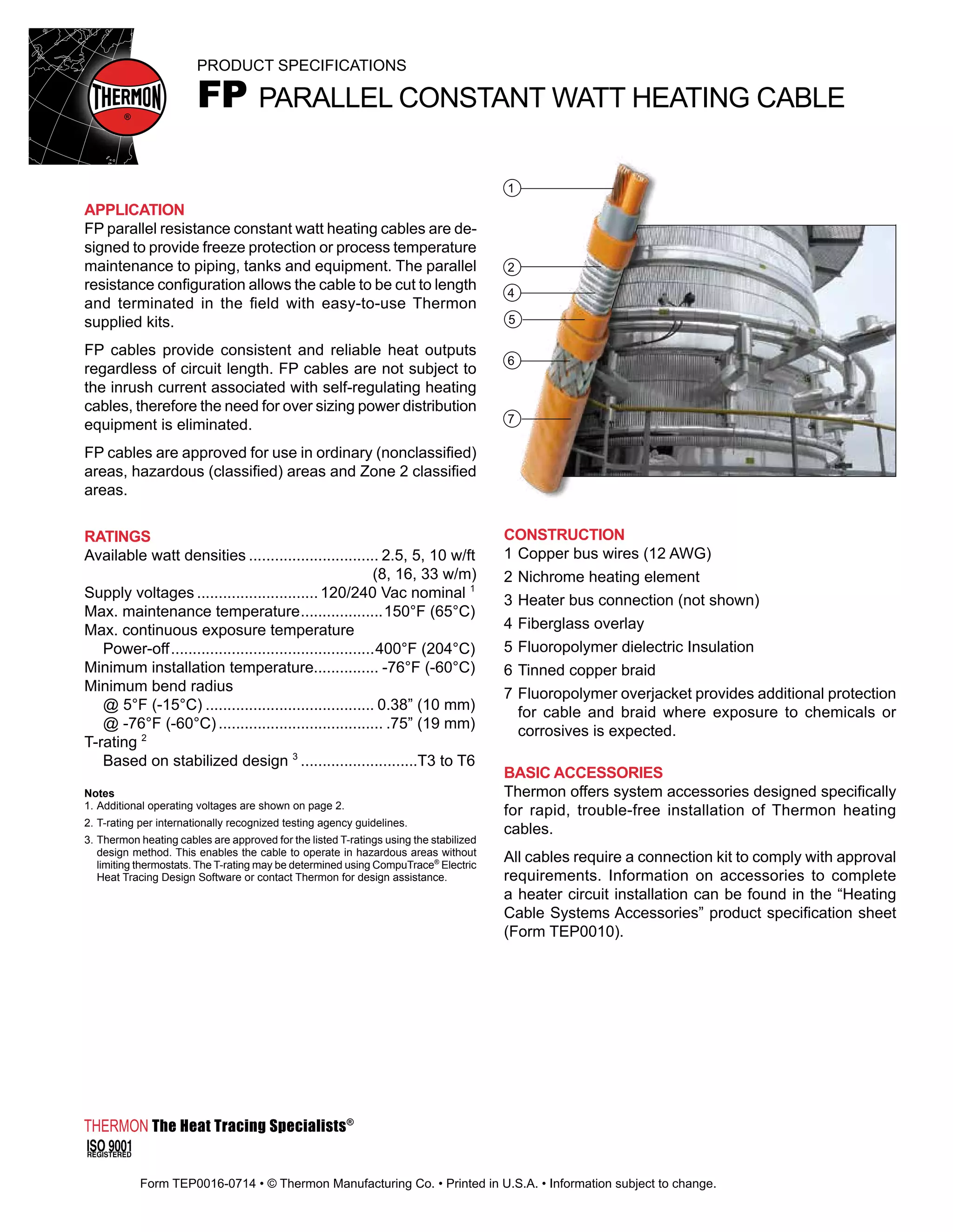 Thermon FP Heat Tracing Cable - Spec Sheet | PDF