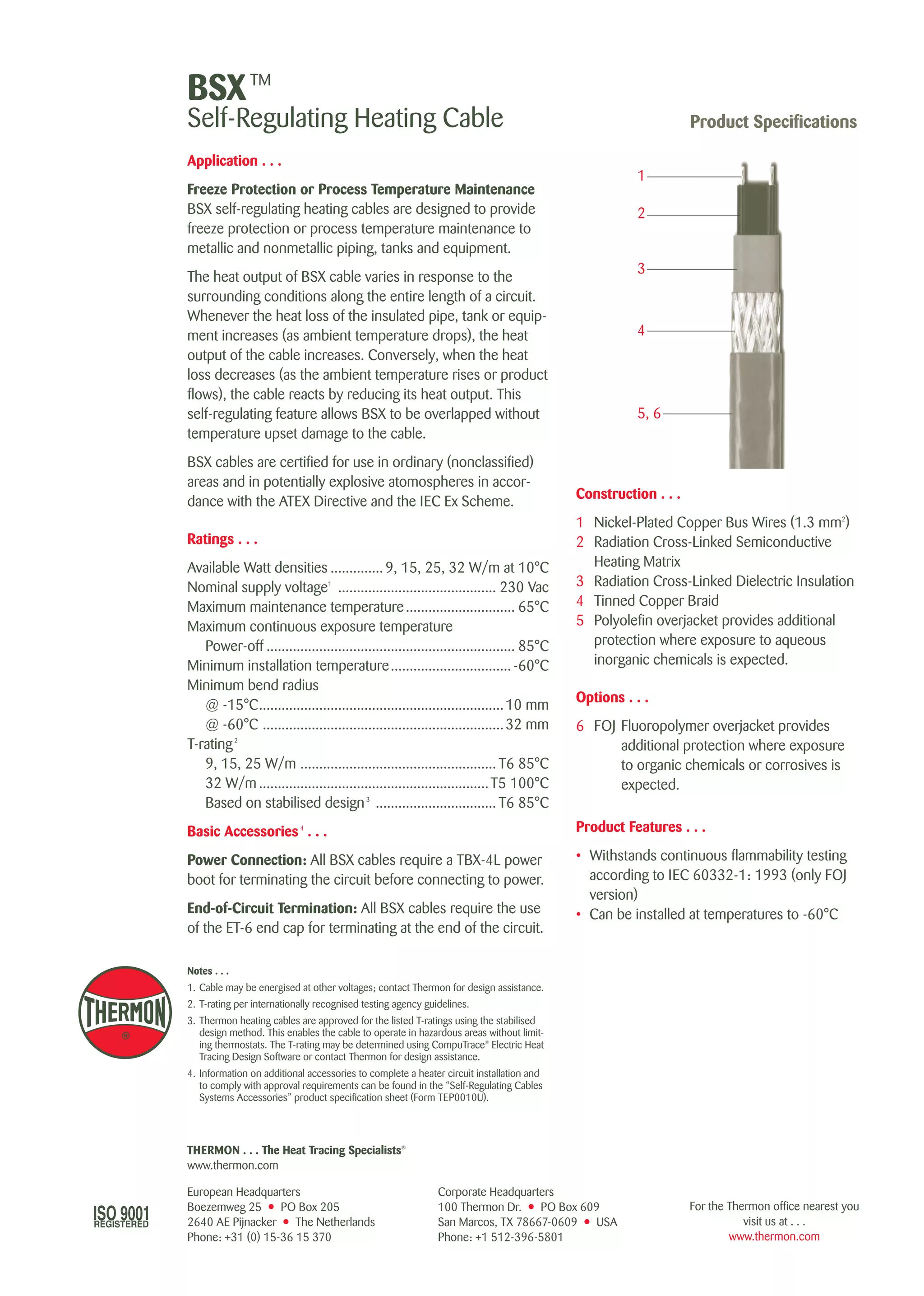 Thermon BSX Heat Tracing Cable - Spec Sheet | PDF