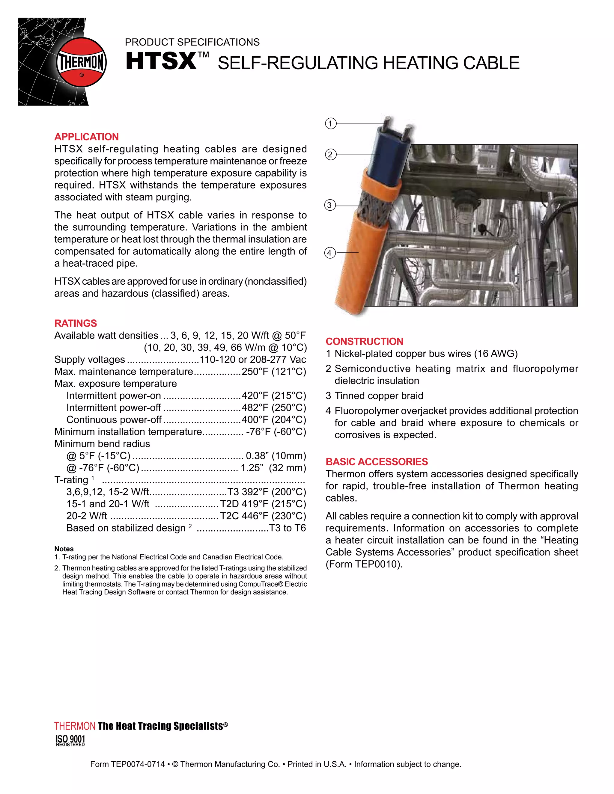 Thermon HTSX Heat Tracing Cable - Spec Sheet | PDF