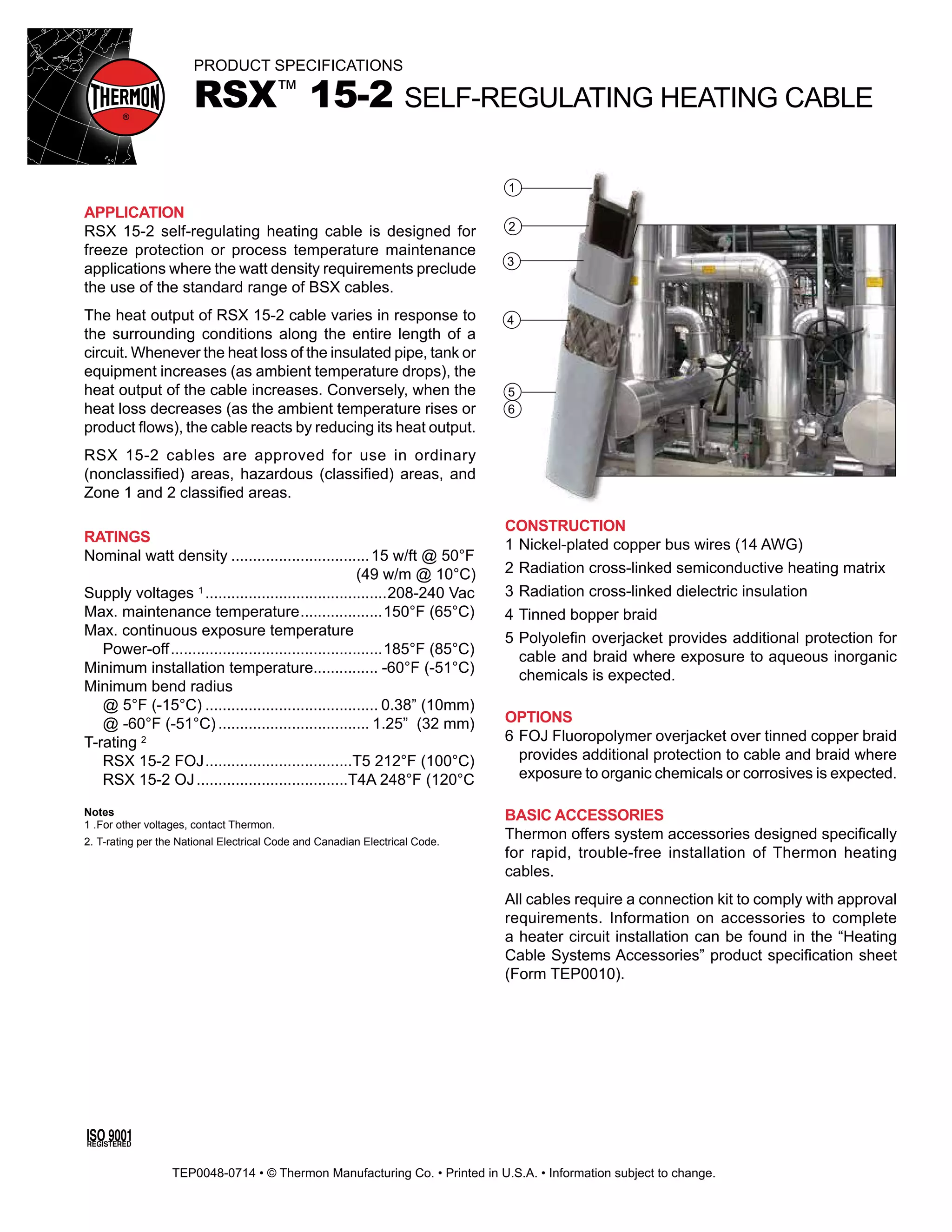 Thermon RSX 15-2 Heat Tracing Cable - Spec Sheet | PDF