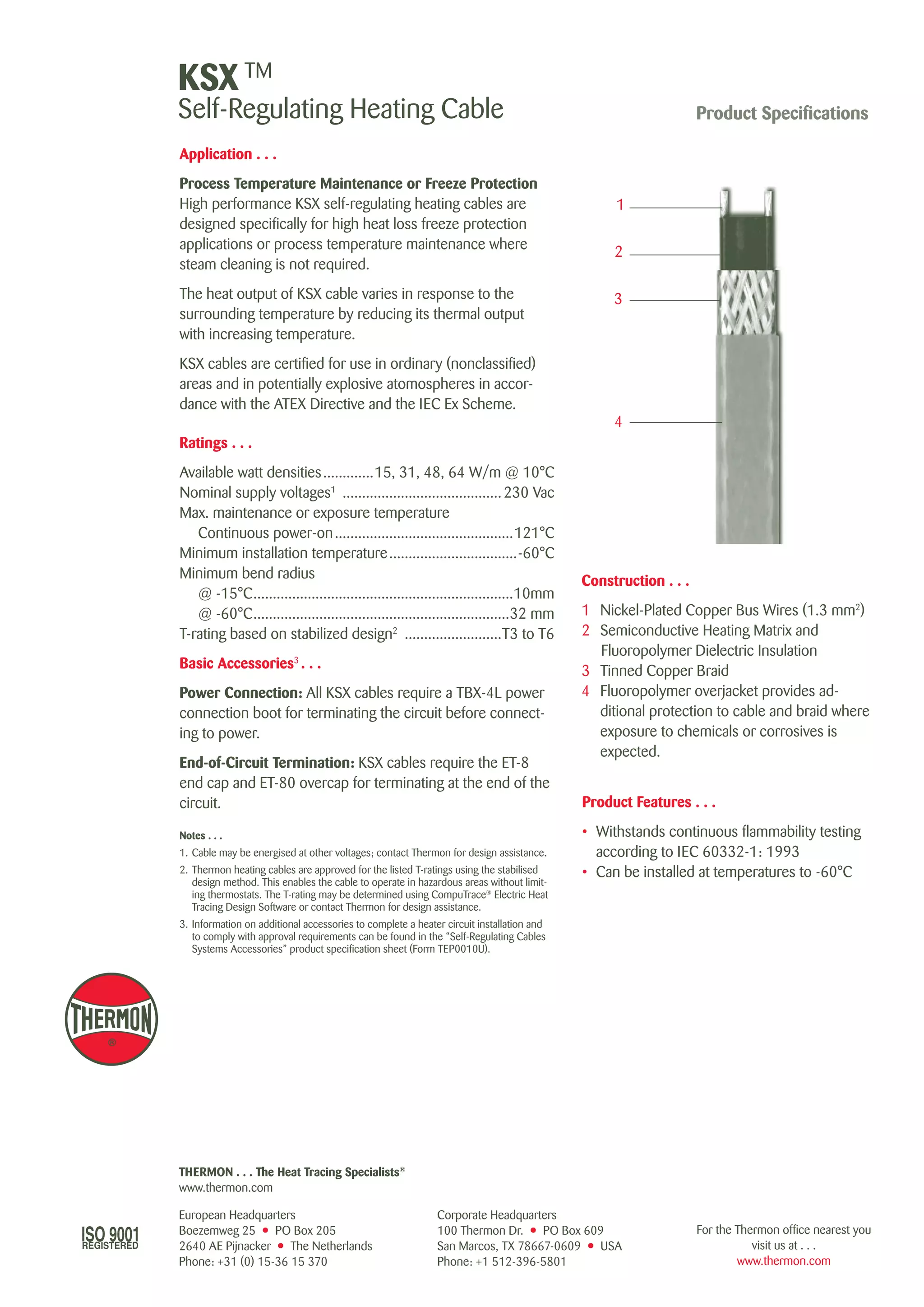 Thermon KSX 10-2 Heat Tracing Cable - Spec Sheet | PDF
