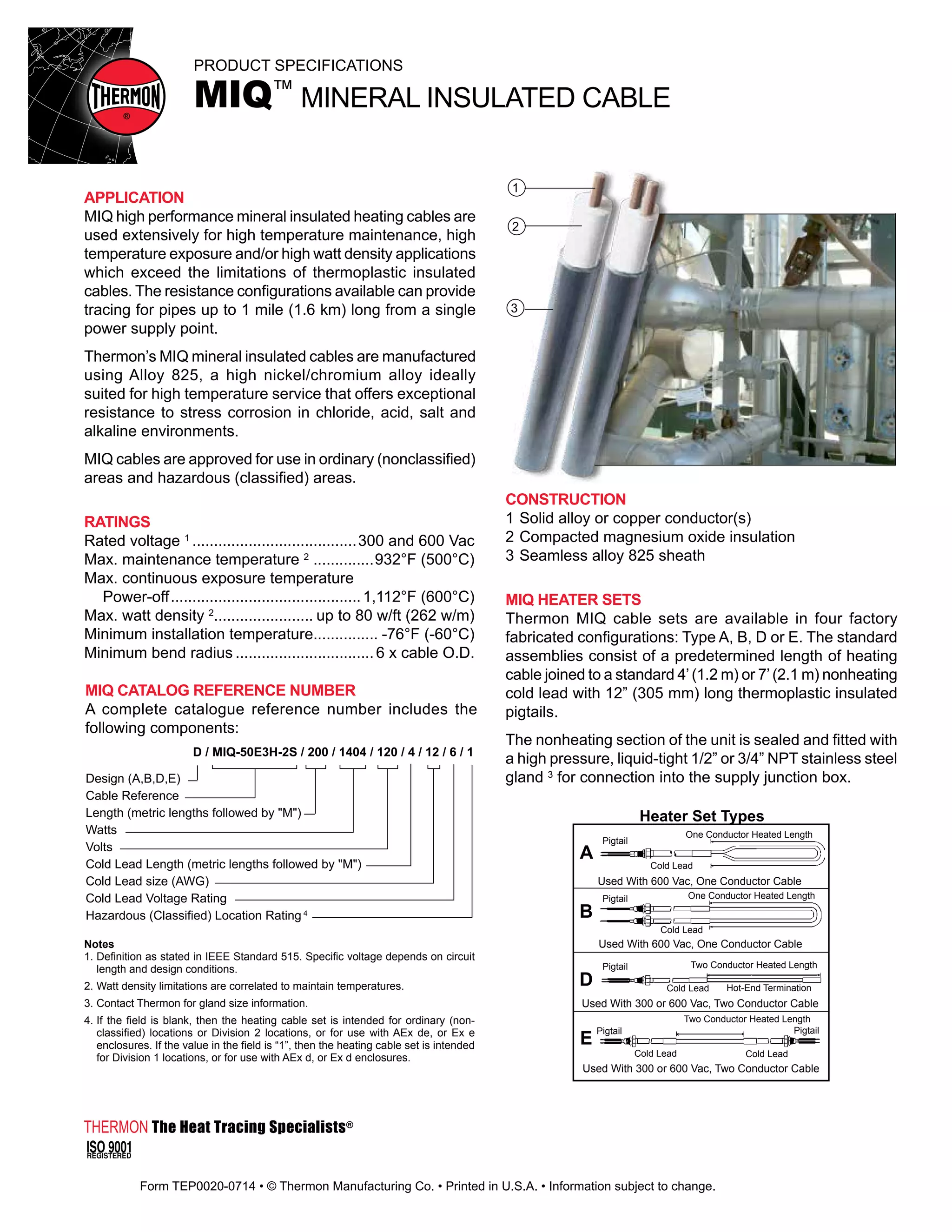 Thermon MIQ-11E0H-2S Heat Tracing Cable - Spec Sheet | PDF
