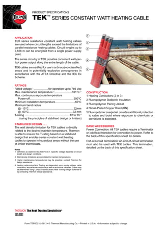 Thermon TEK Heat Tracing Cable - Spec Sheet | PDF