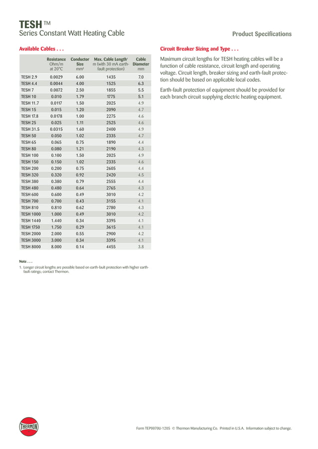 Thermon TESH Heat Tracing Cable - Spec Sheet | PDF