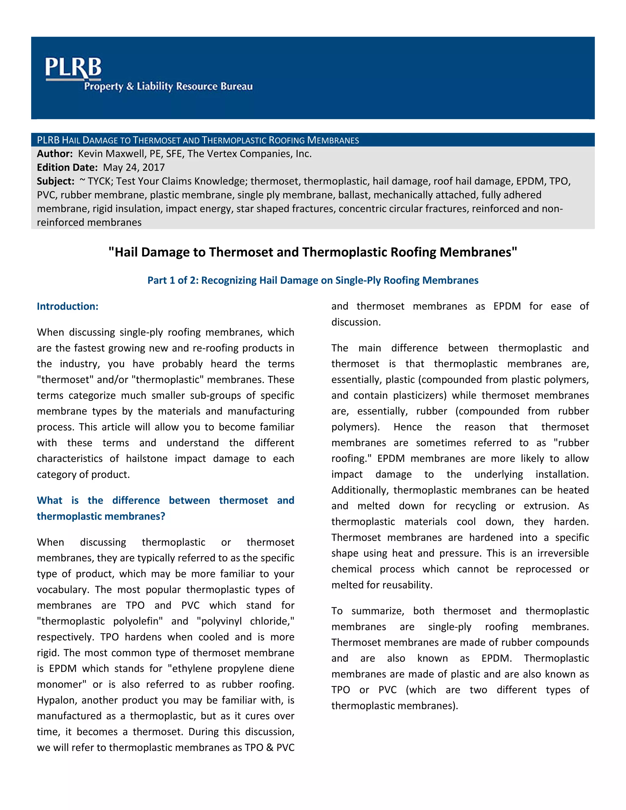 PLRB - Hail Damage to Thermoset and Thermoplastic Roofing Membranes | PDF