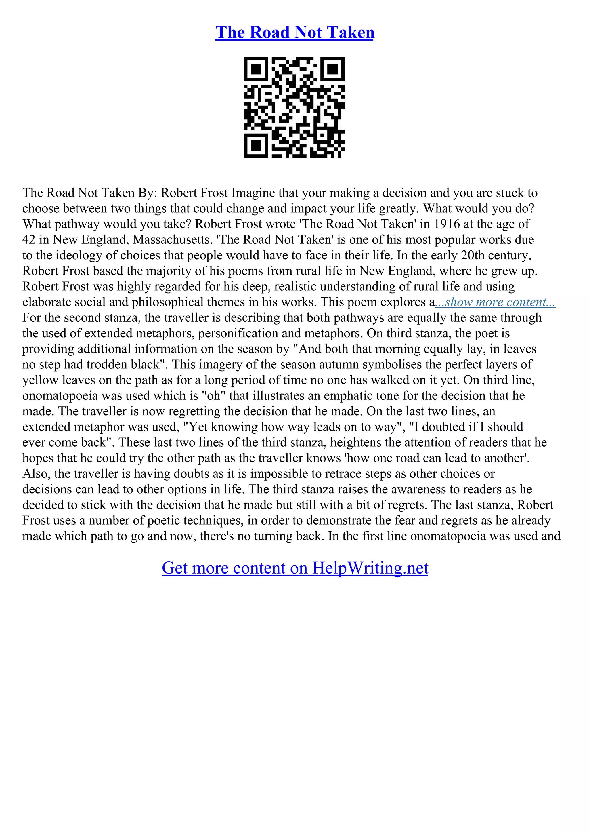 The Road Not Taken By Robert Frost Essay | PDF