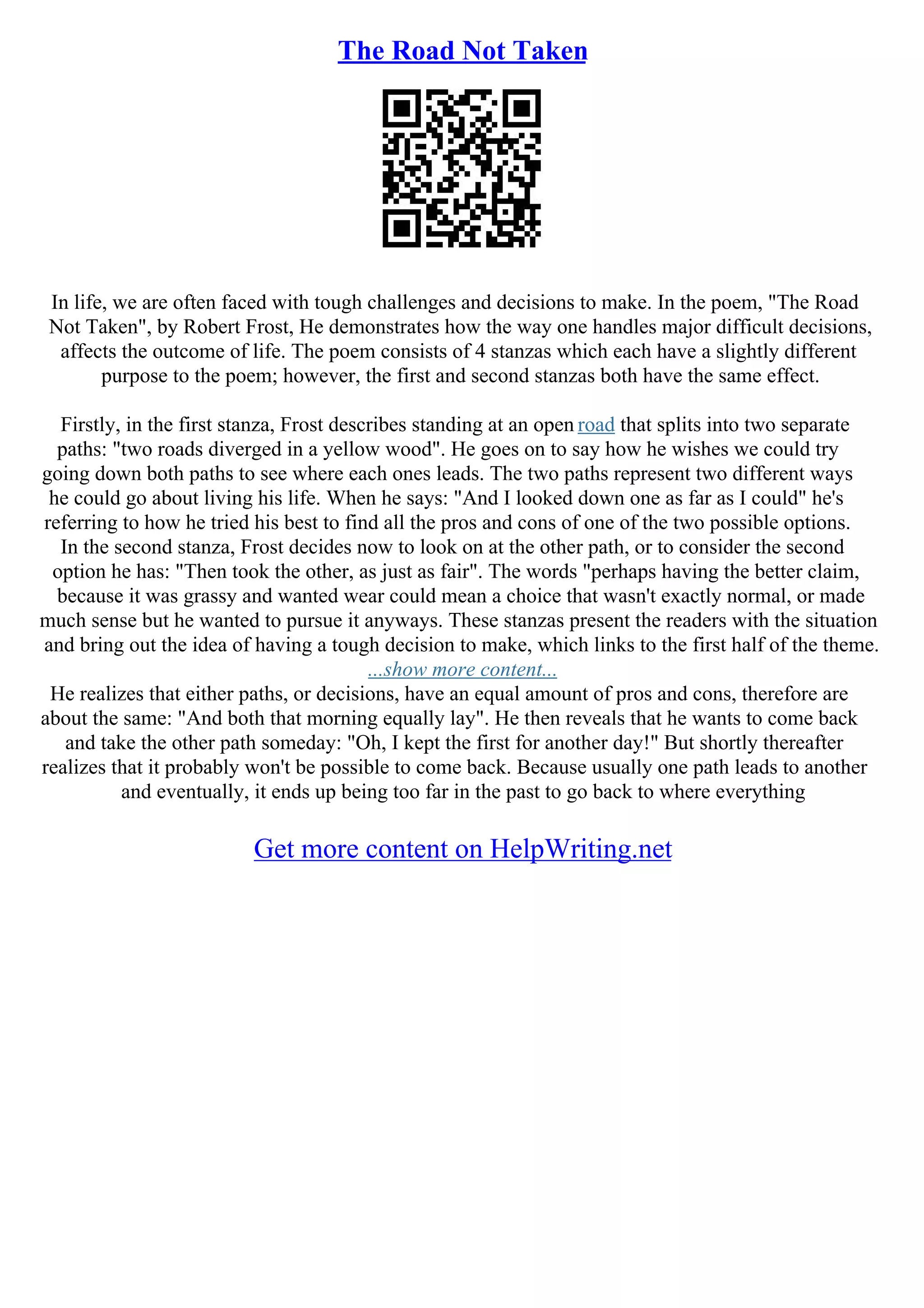 The Road Not Taken By Robert Frost Essay | PDF