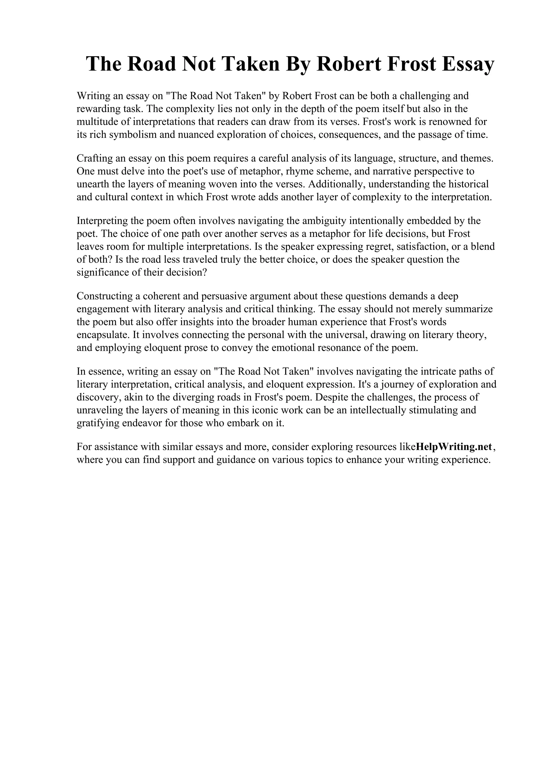 The Road Not Taken By Robert Frost Essay | PDF