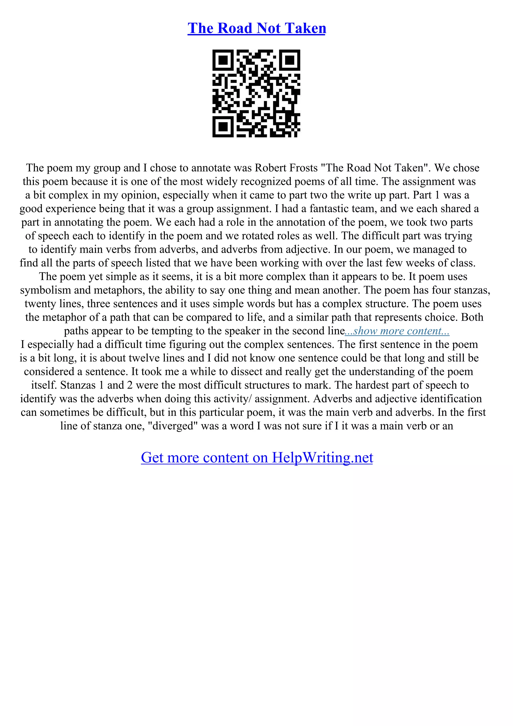 The Road Not Taken Essay | PDF