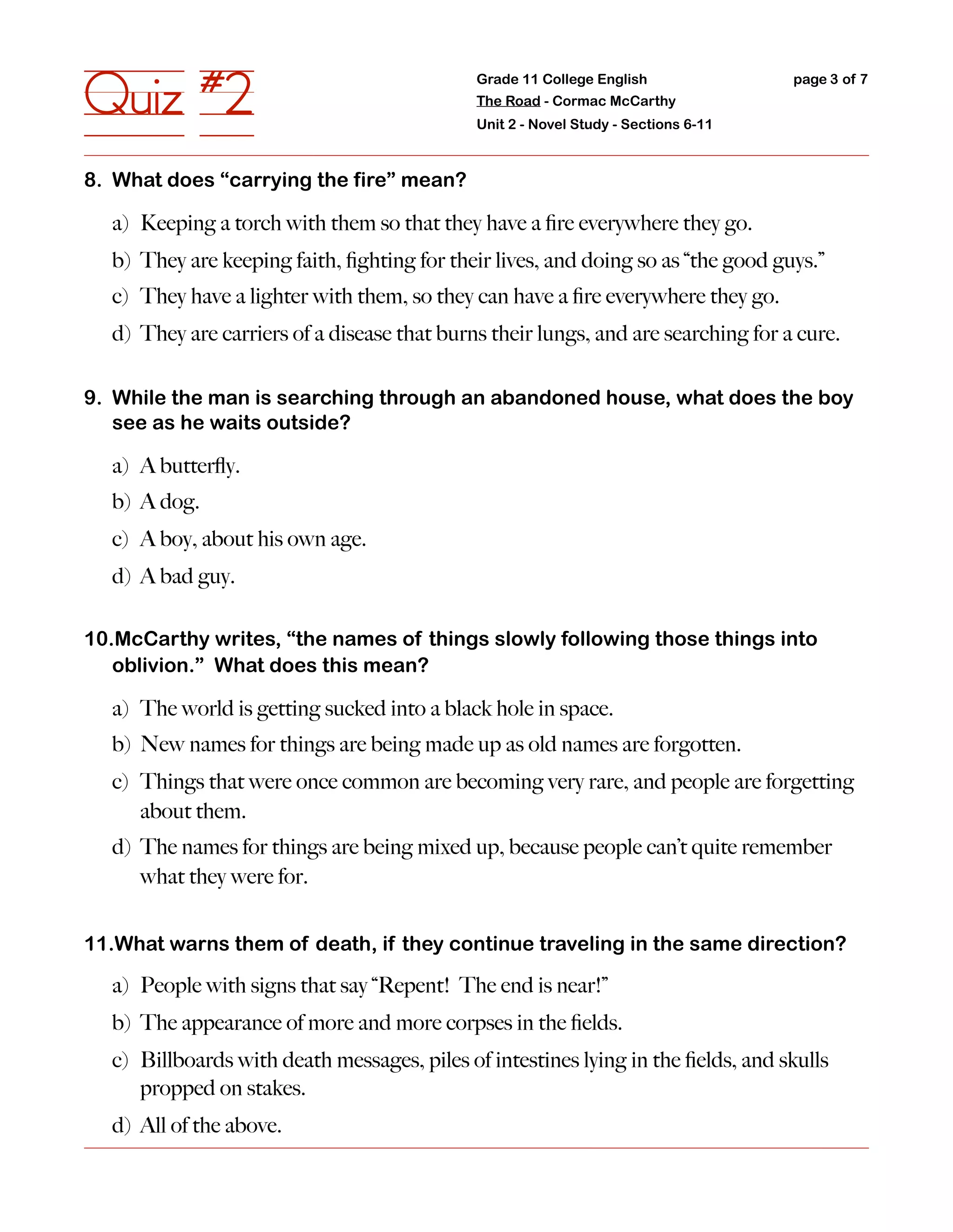 Cormac McCarthy's The road quiz #2 | PDF