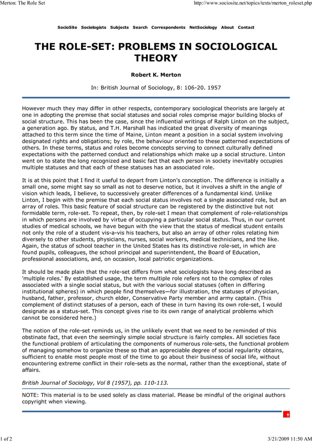 The Role Set Problems In Sociological Theory | PDF