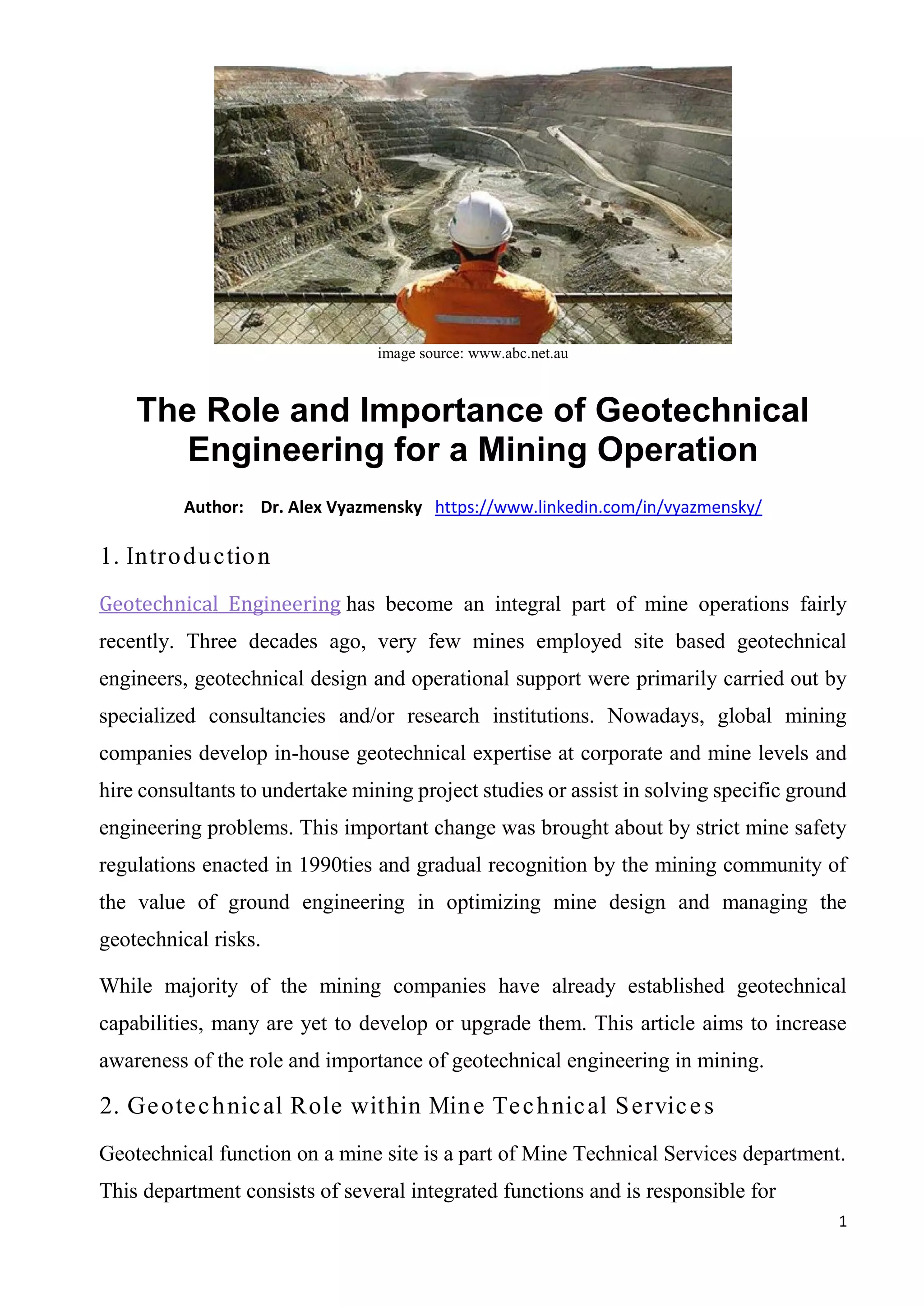 The role and importance of geotechnical engineering for a mining operation (1) | PDF