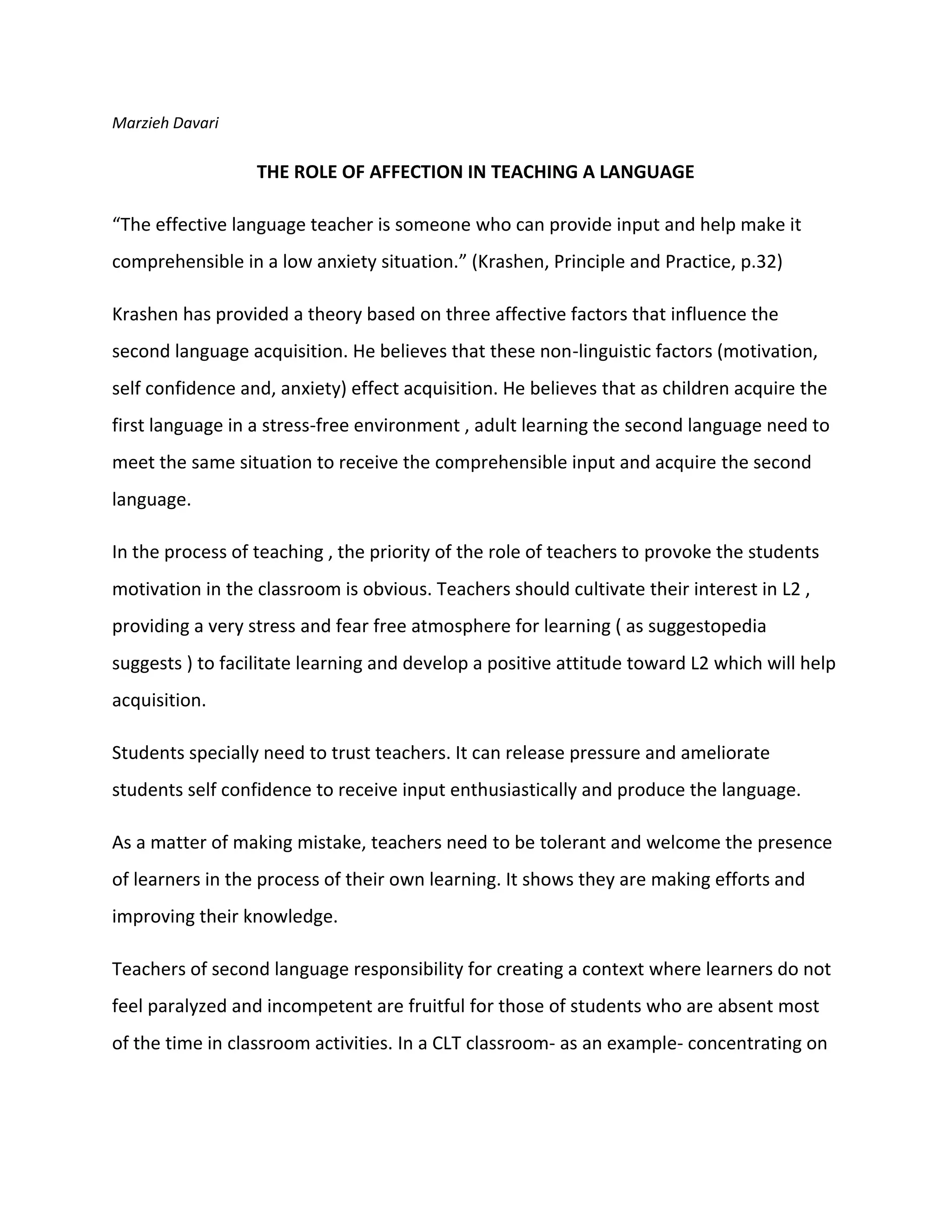 The role of affection in teaching a language | DOCX