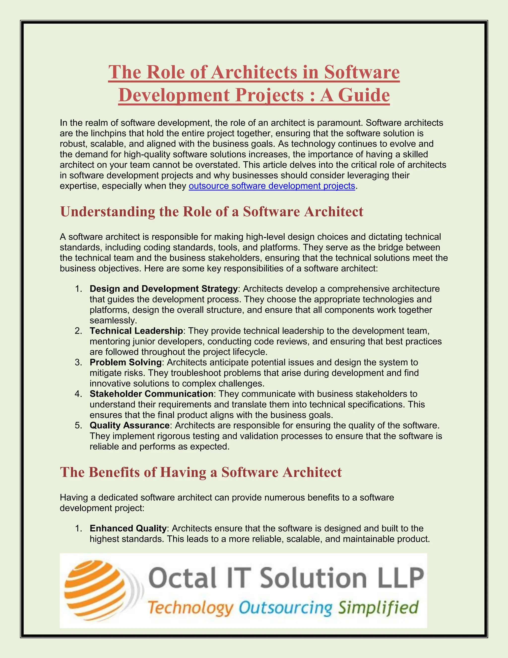 The Role of Architects in Software Development Projects | PDF