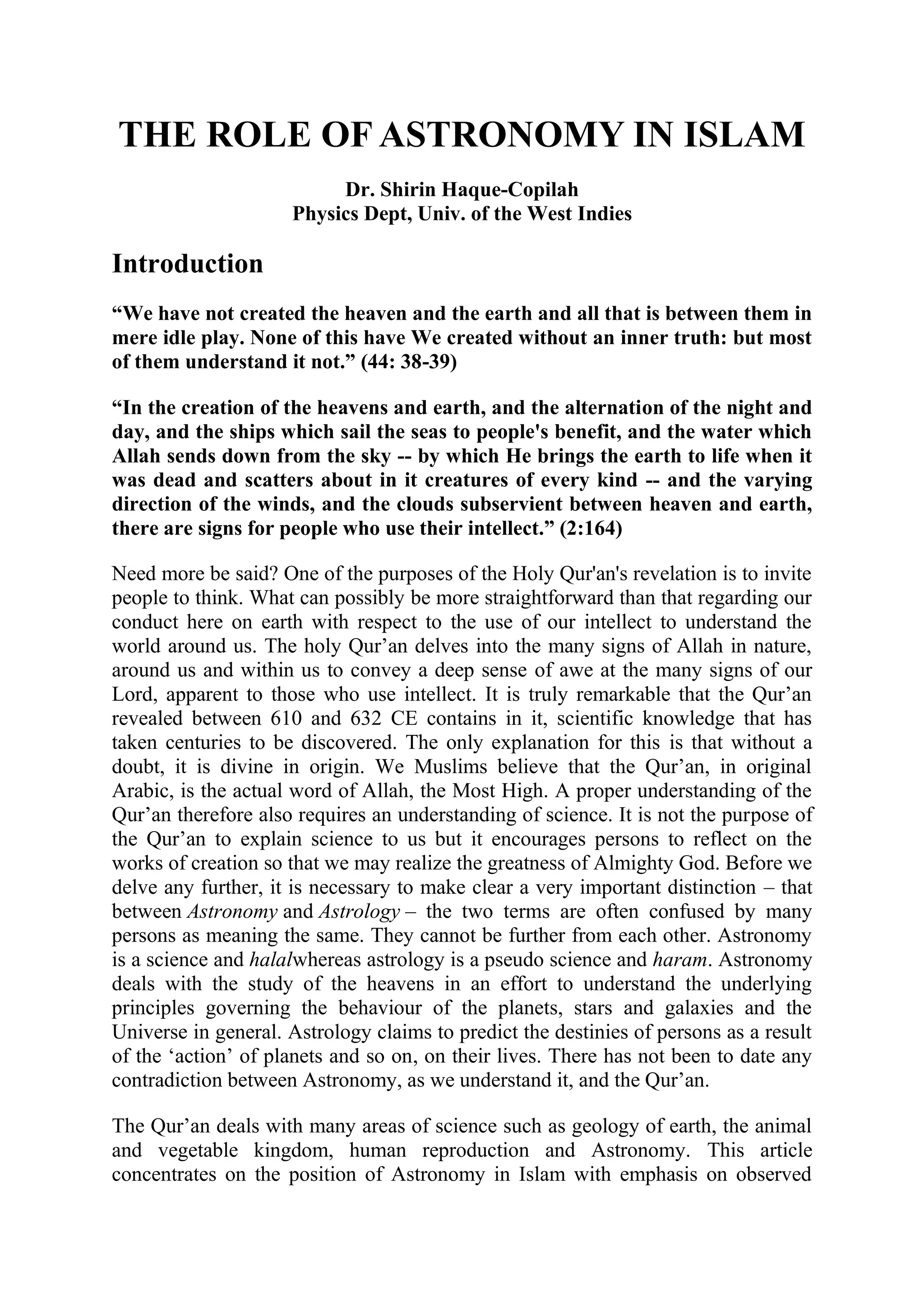 The role of astronomy in islam | PDF