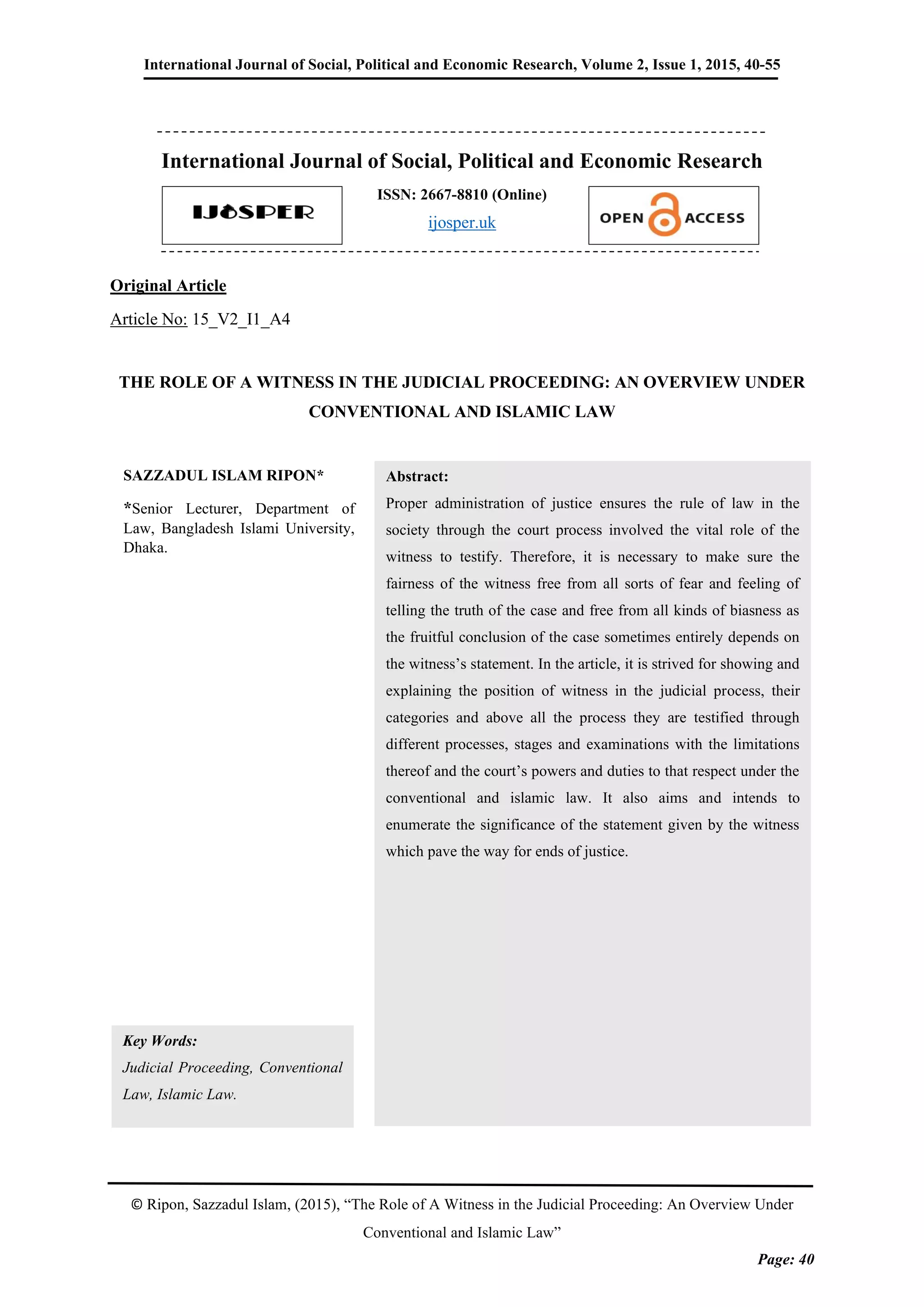 THE ROLE OF A WITNESS IN THE JUDICIAL PROCEEDING - AN OVERVIEW UNDER ...