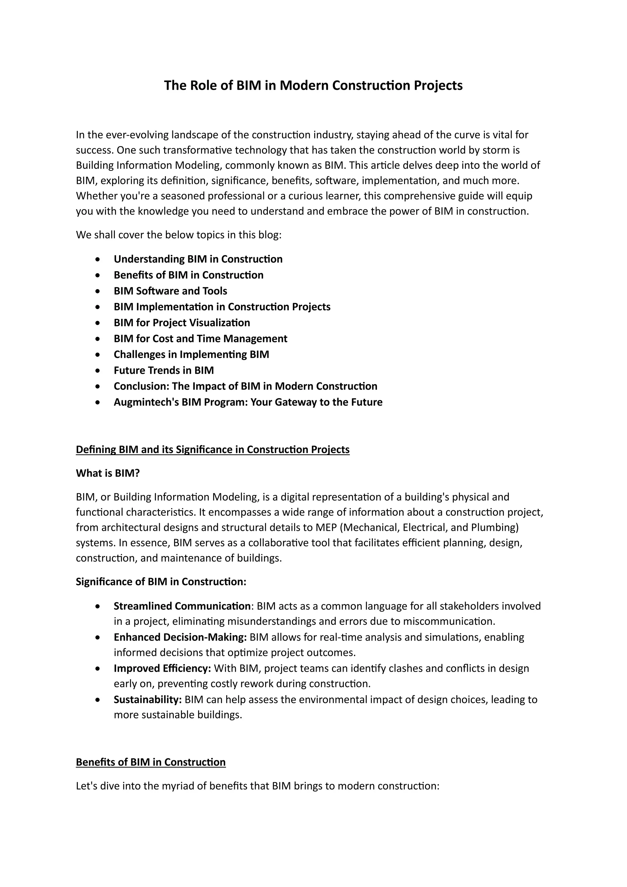 The Role of BIM in Modern Construction Projects | DOCX