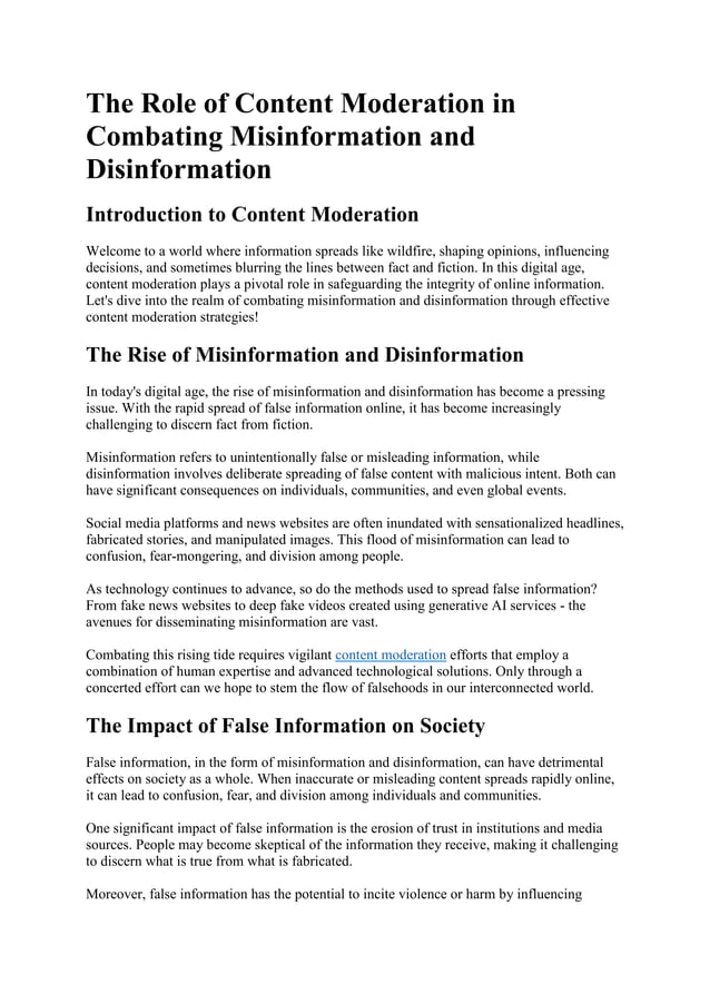 The Role of Content Moderation in Combating Misinformation and Disinformation | PDF