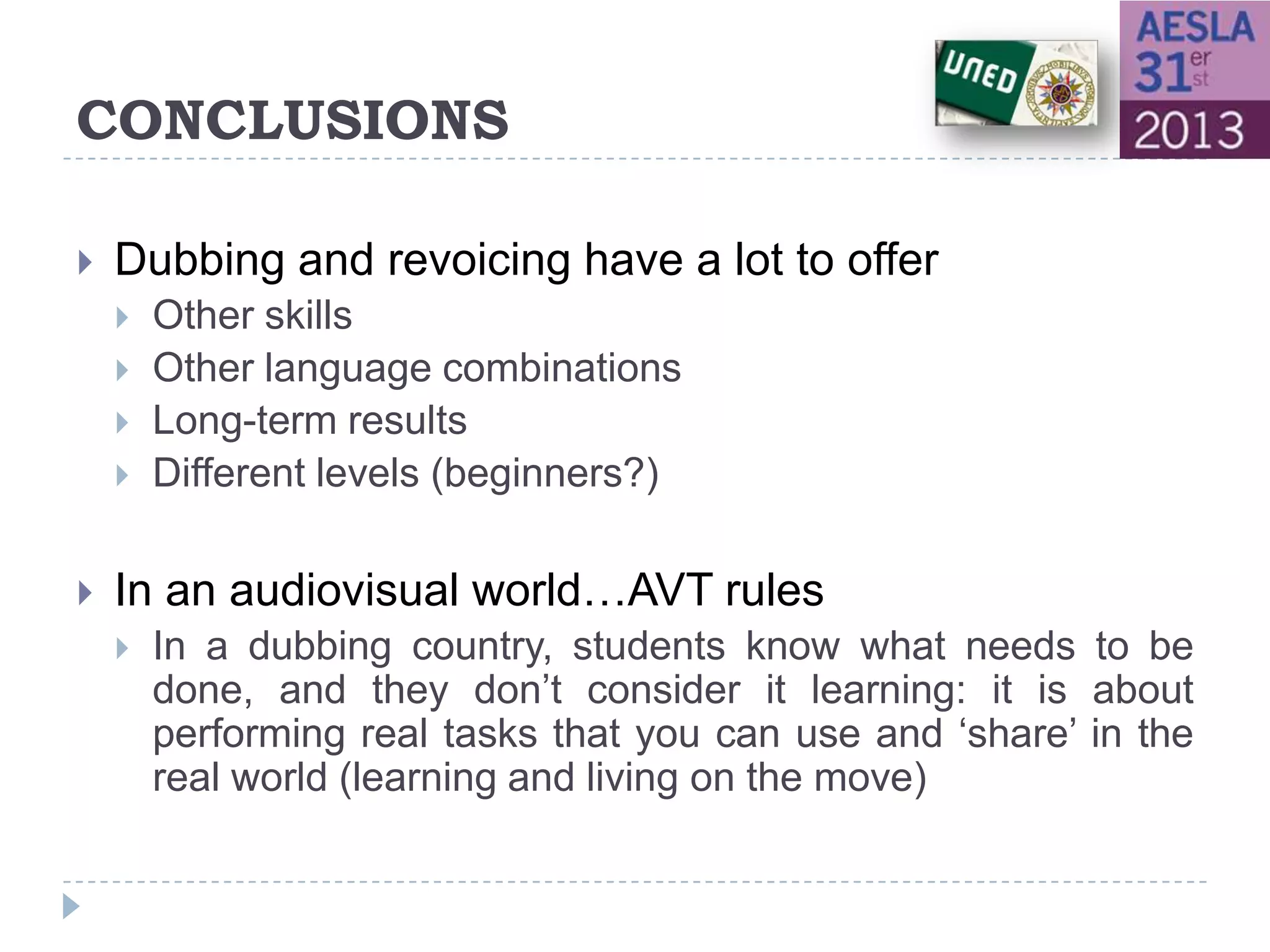 The role of dubbing in foreign language learning | PPSX