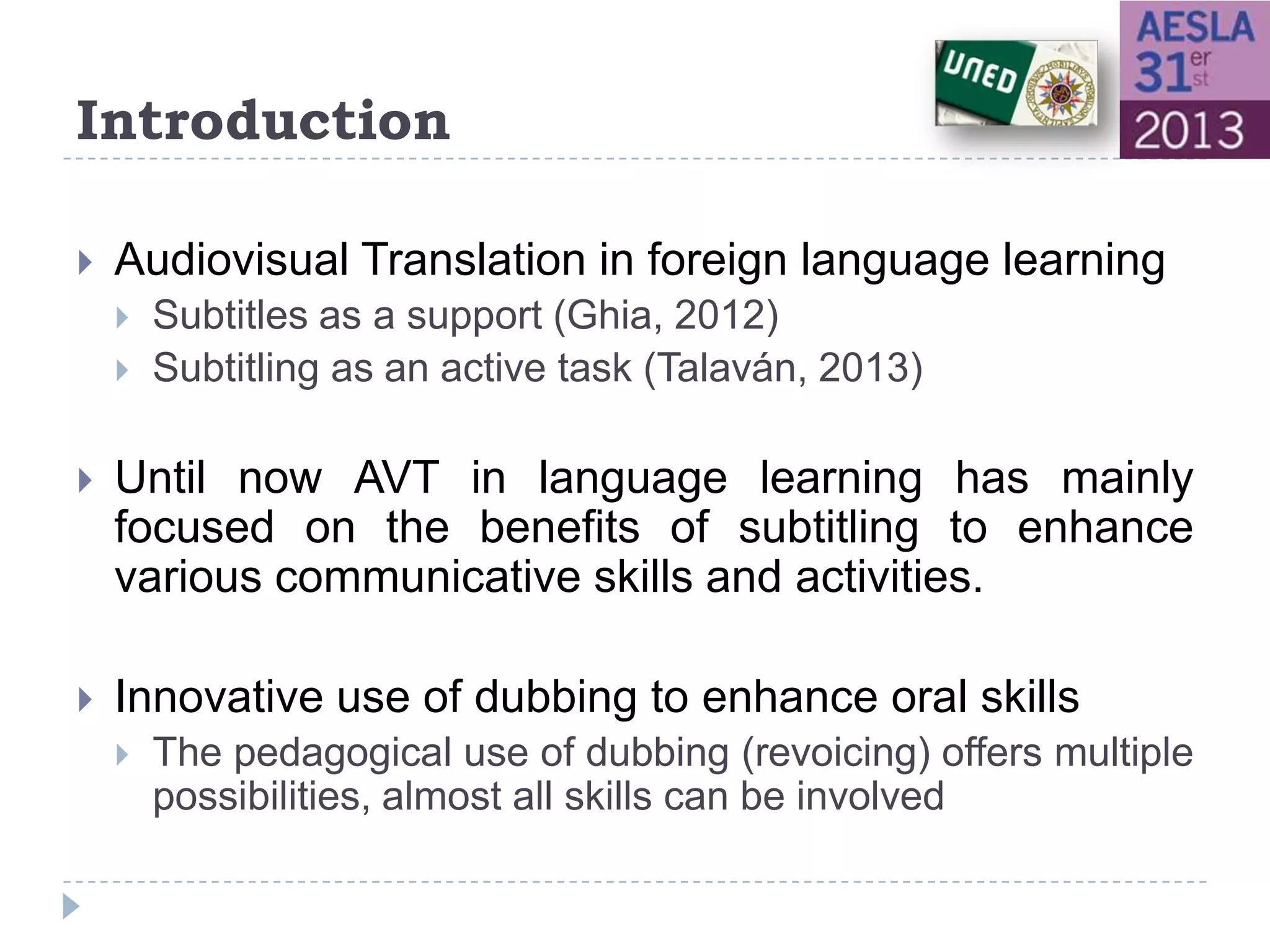 The role of dubbing in foreign language learning | PPSX