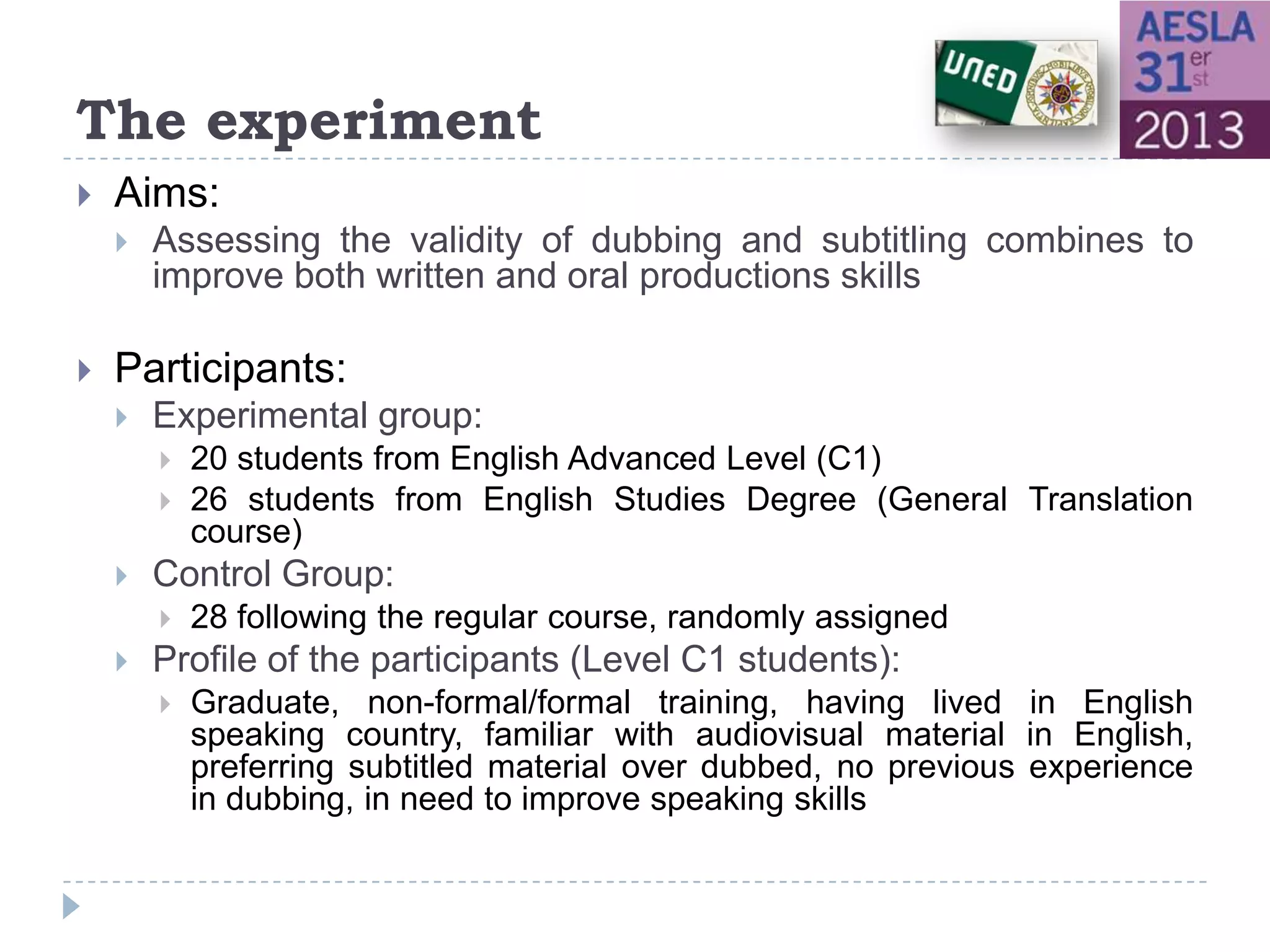 The role of dubbing in foreign language learning | PPSX