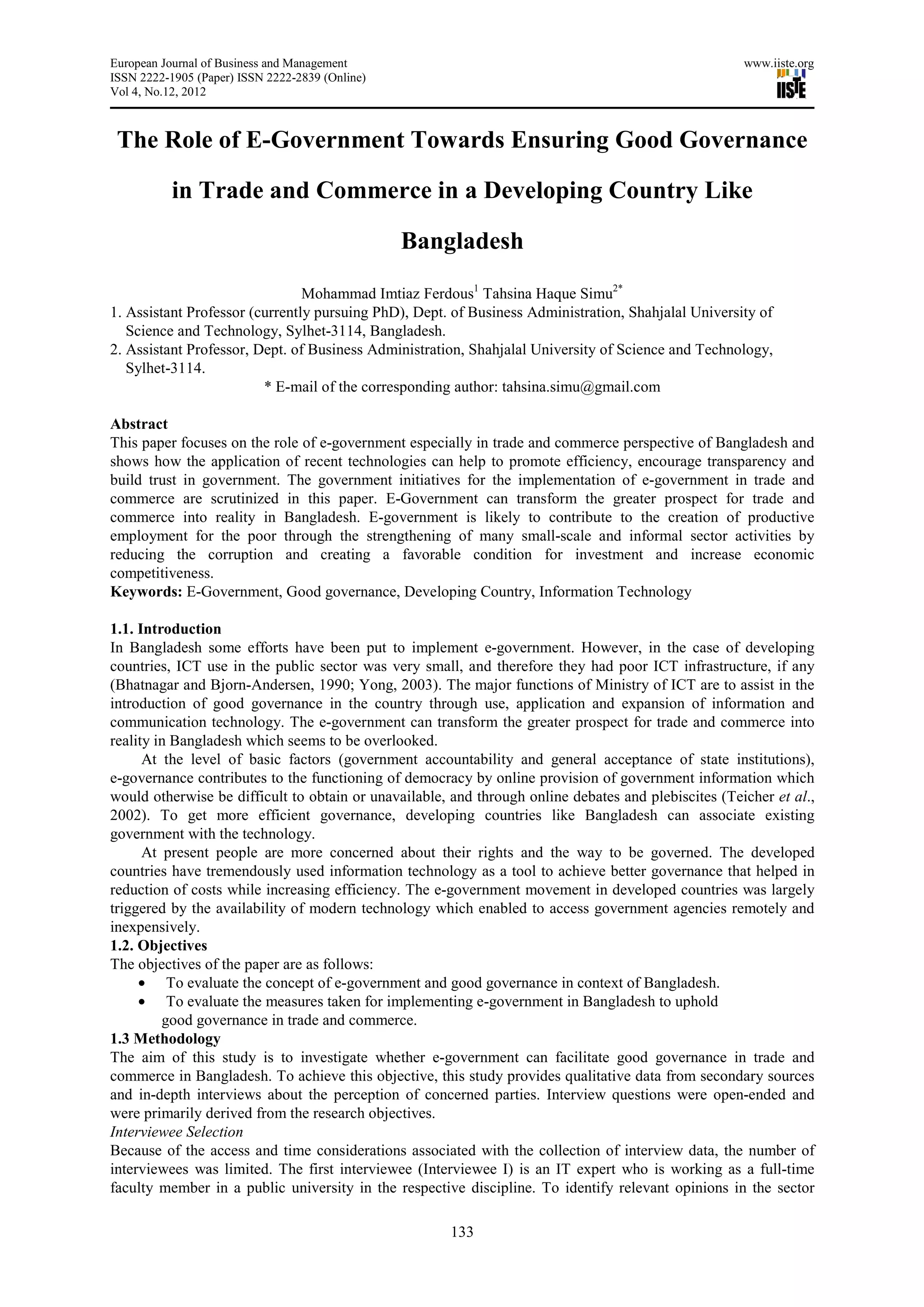 The role of e government towards ensuring good governance in trade and ...