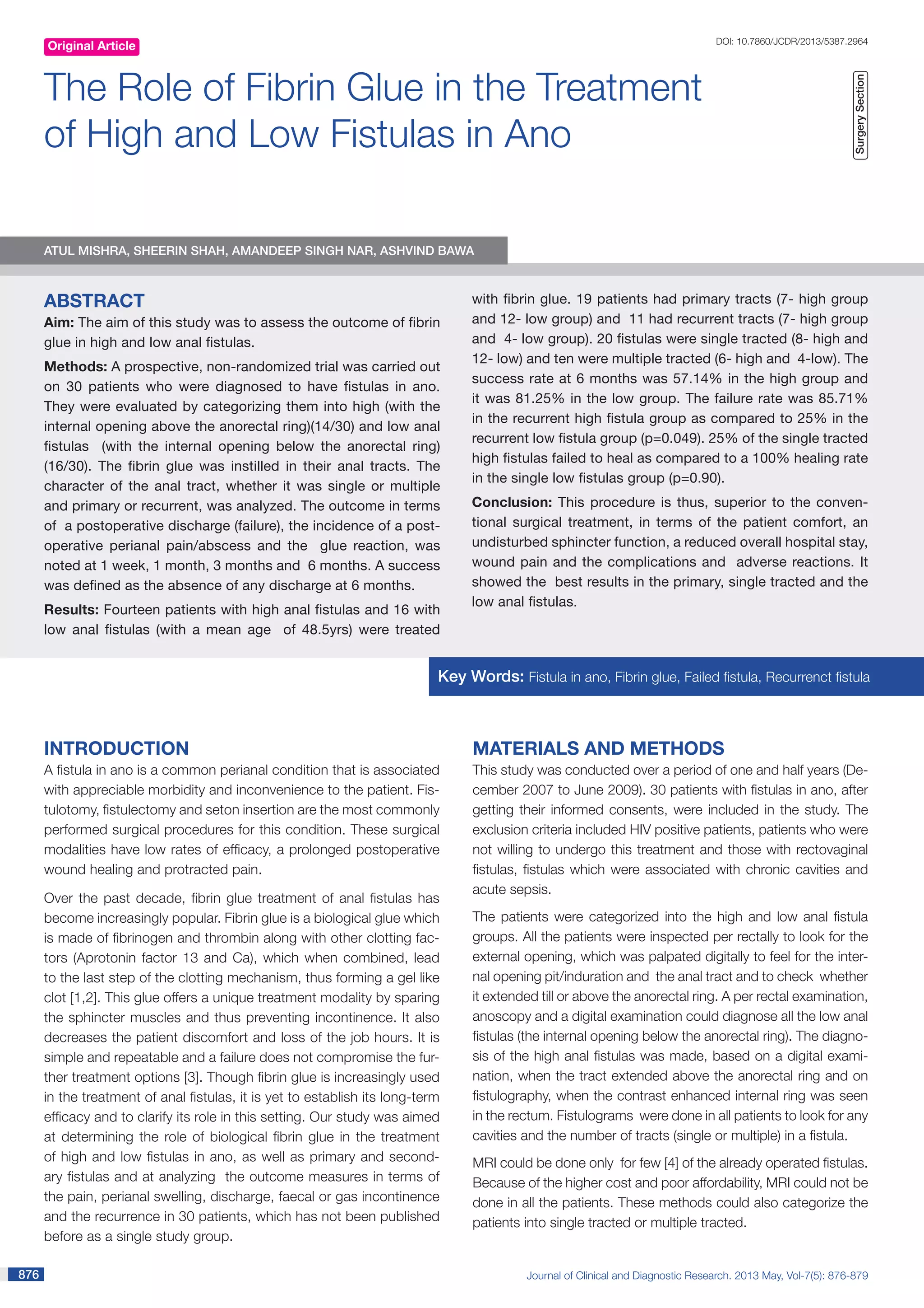 The Role of Fibrin Glue in the Treatment of High & Low Fistulas in Ano ...