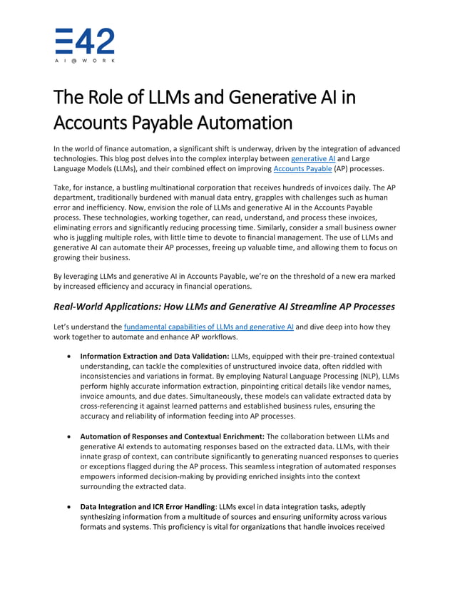 The Role of Generative AI and LLMs in Accounts Payable Automation1.pdf | Artificial Intelligence ...