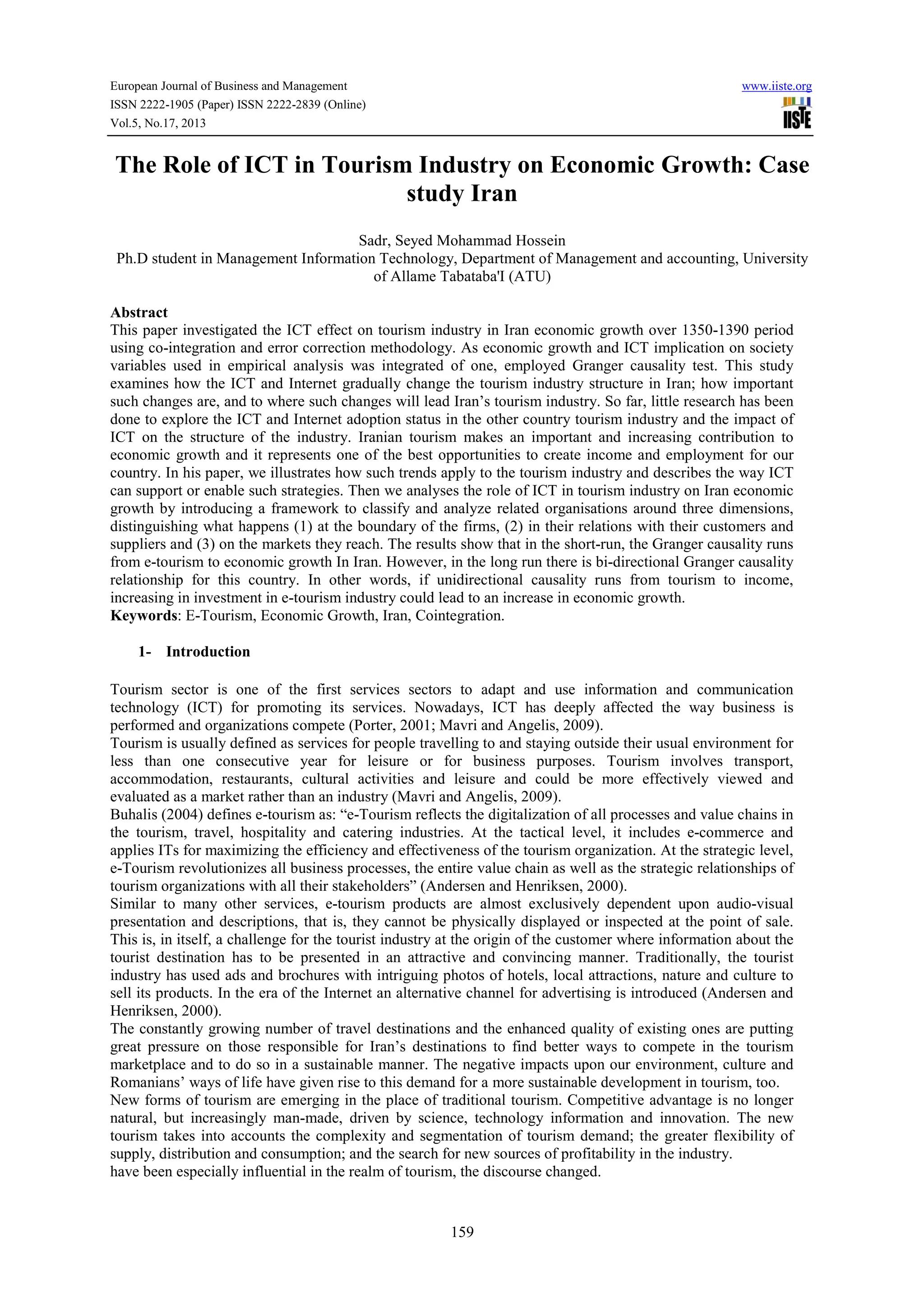 The role of ict in tourism industry on economic growth case study iran | PDF