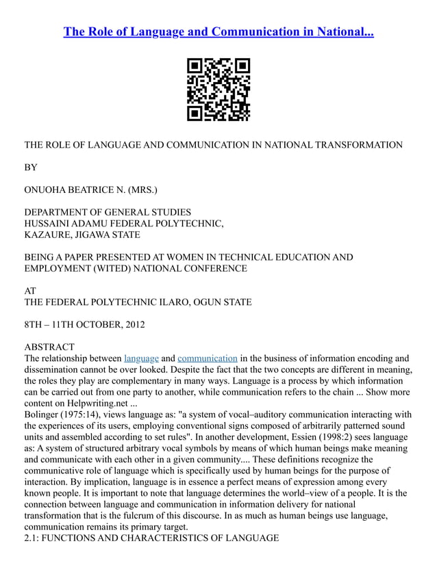 The Role Of Language And Communication In National... | PDF