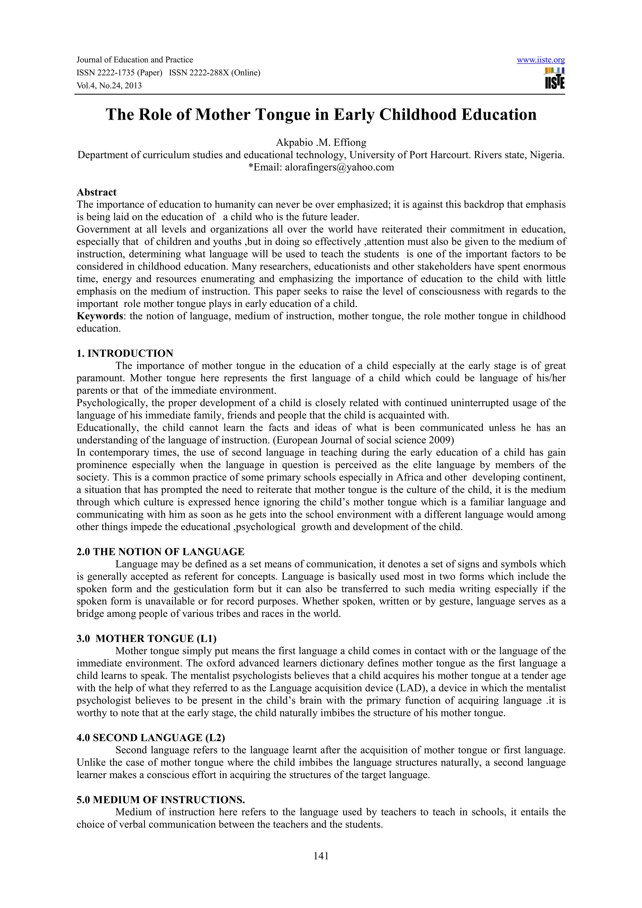 The role of mother tongue in early childhood education | PDF