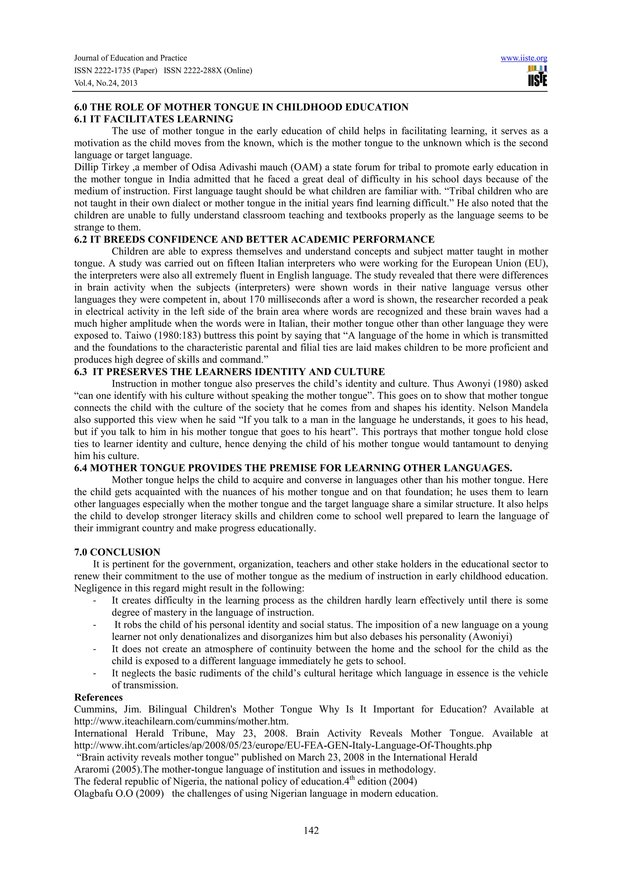 The role of mother tongue in early childhood education | PDF