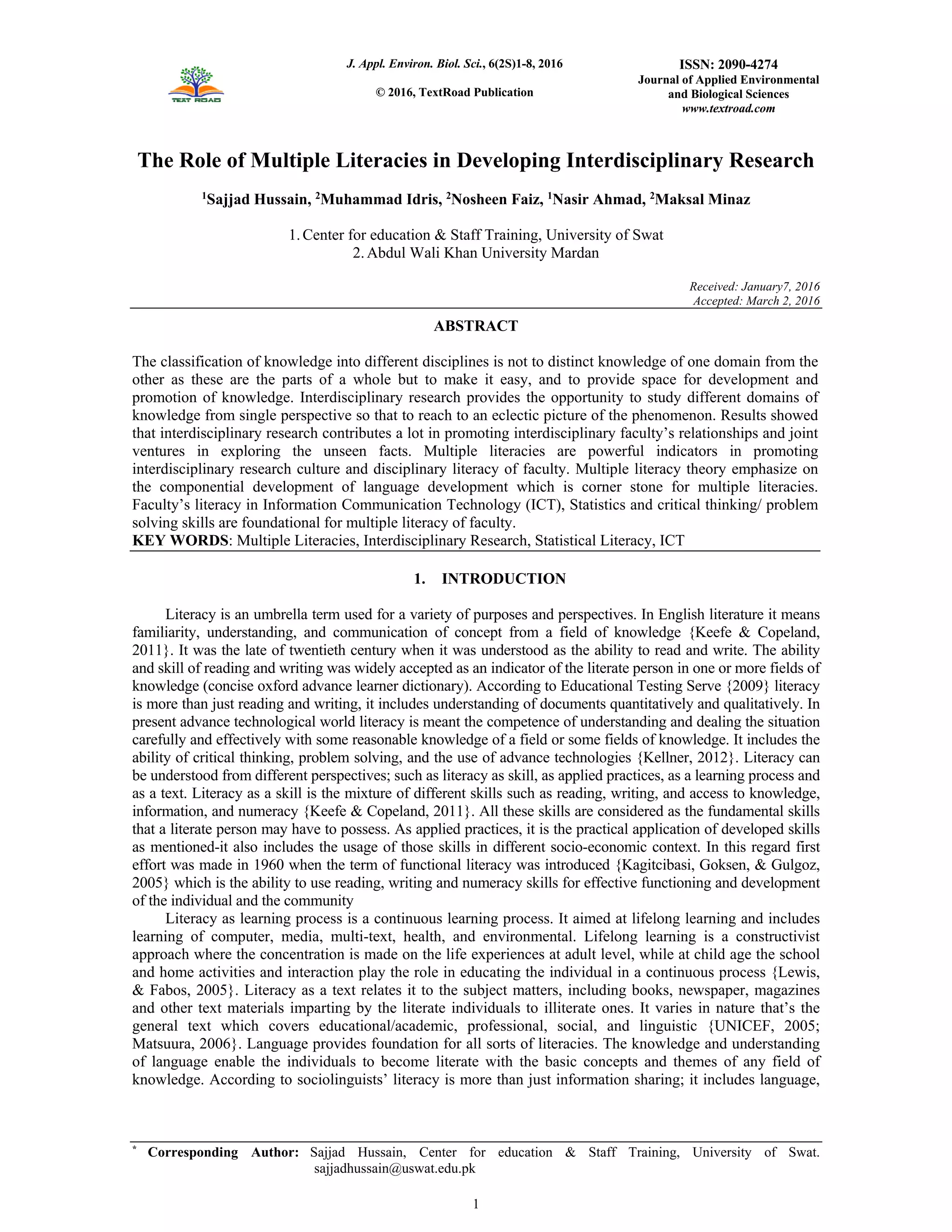 The role of multiple literacies in developing interdisciplinary research 1 | PDF