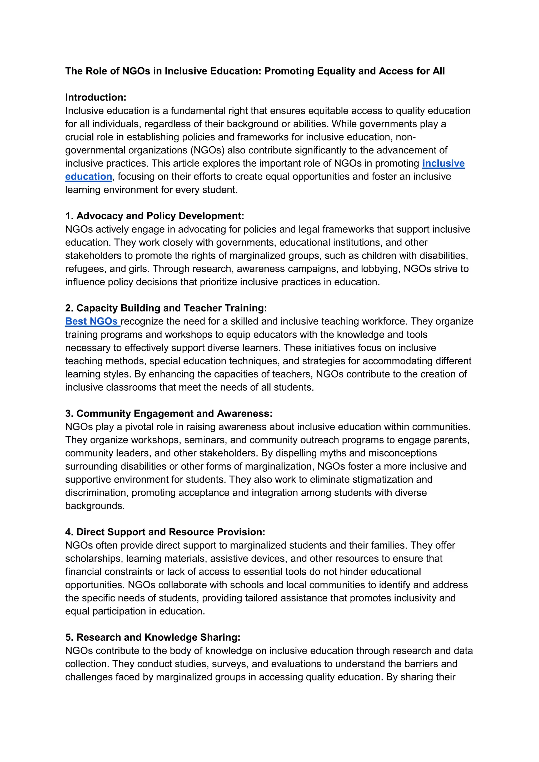 The Role of NGOs in Inclusive Education_ Promoting Equality and Access ...