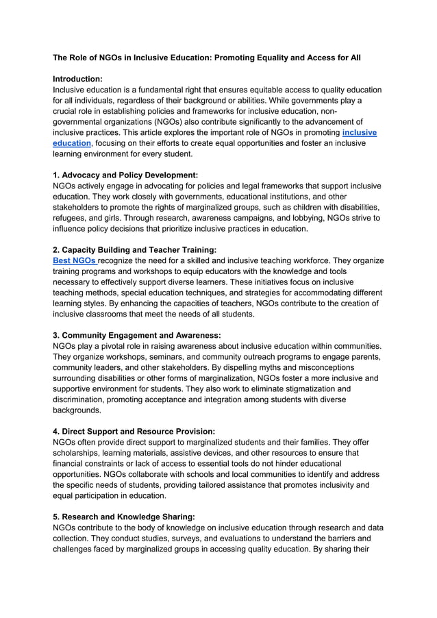 The Role of NGOs in Inclusive Education_ Promoting Equality and Access ...