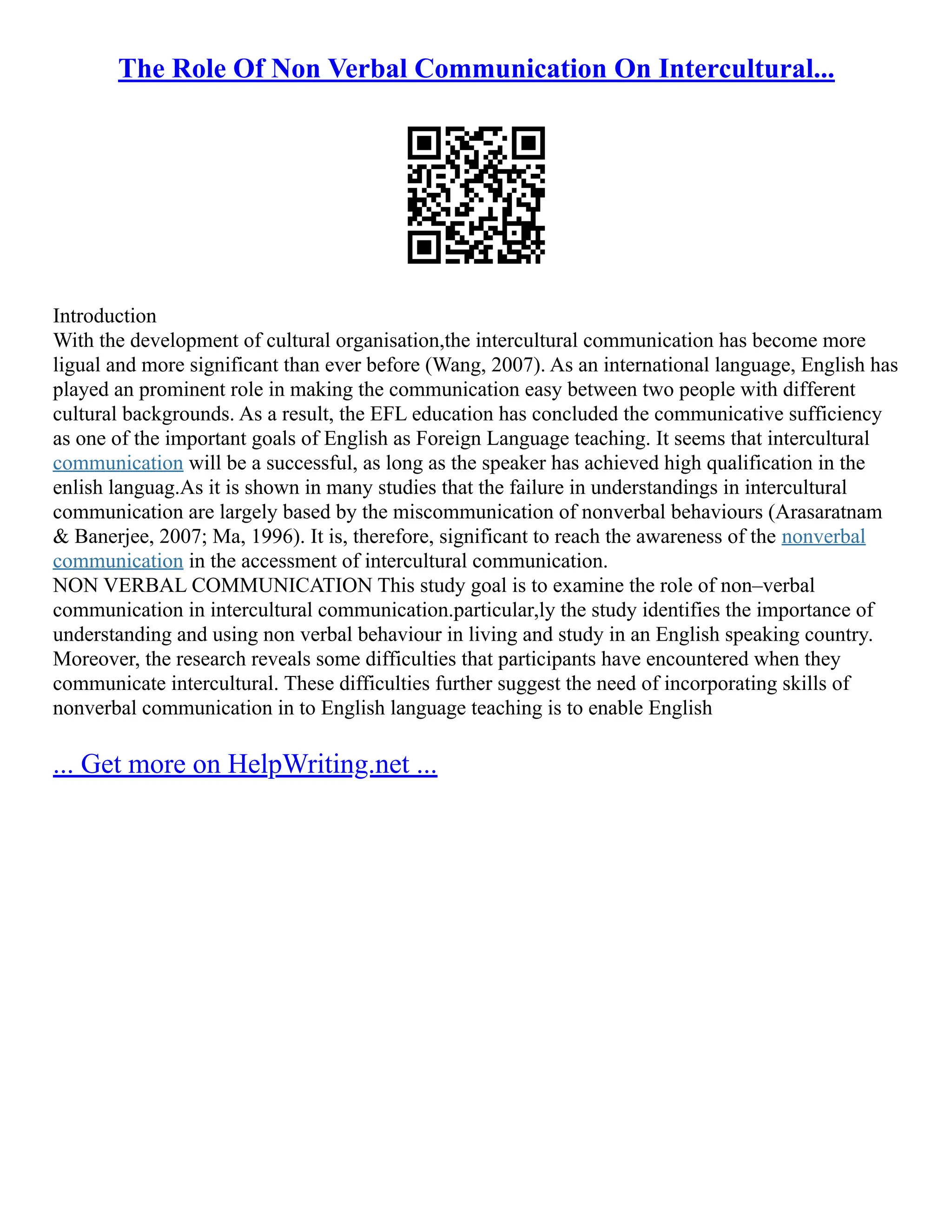 The Role Of Non Verbal Communication On Intercultural... | PDF