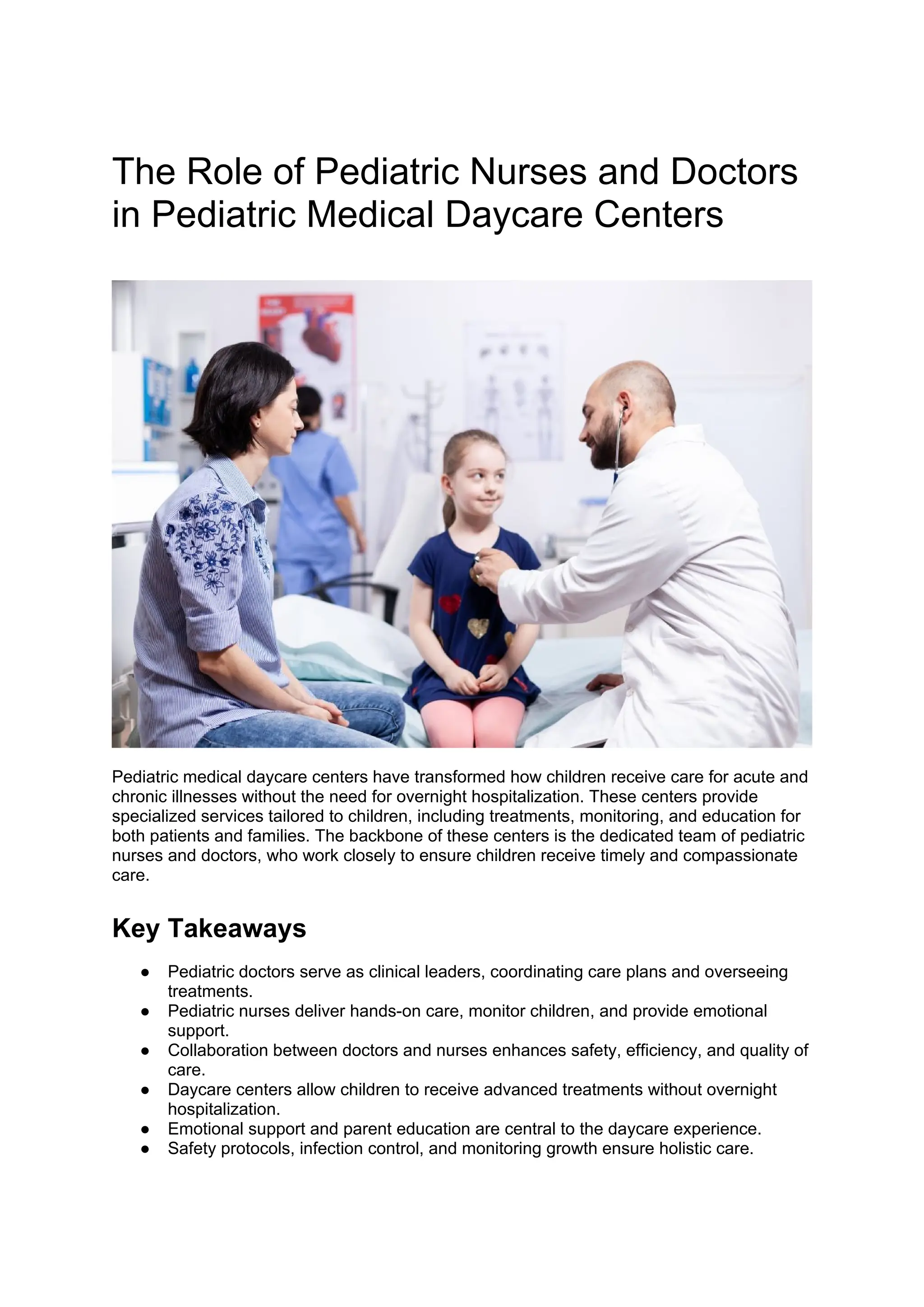 The Role of Pediatric Nurses and Doctors in Pediatric Medical Daycare ...