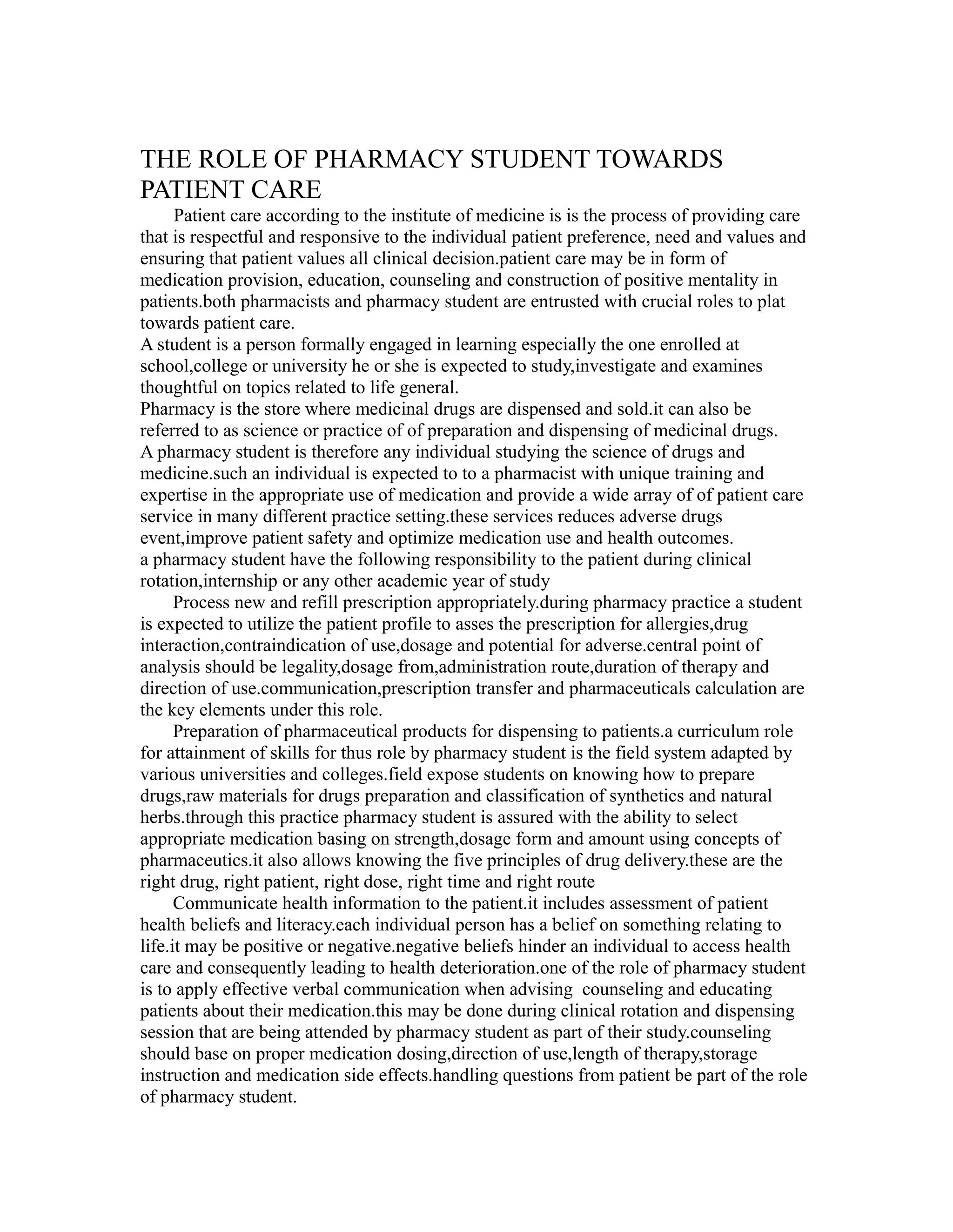 The role of pharmacy student towards patient care | DOC