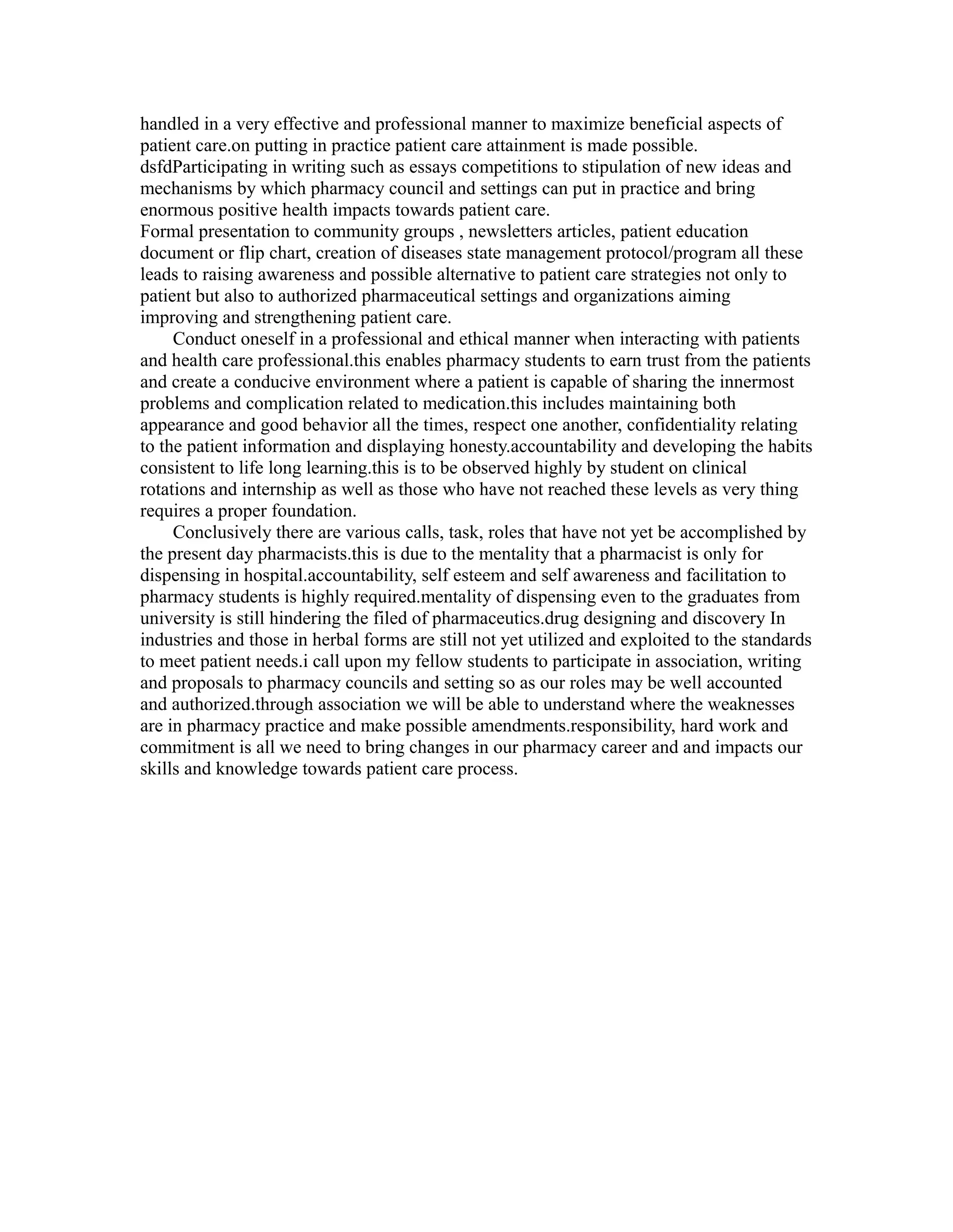 The role of pharmacy student towards patient care | DOC