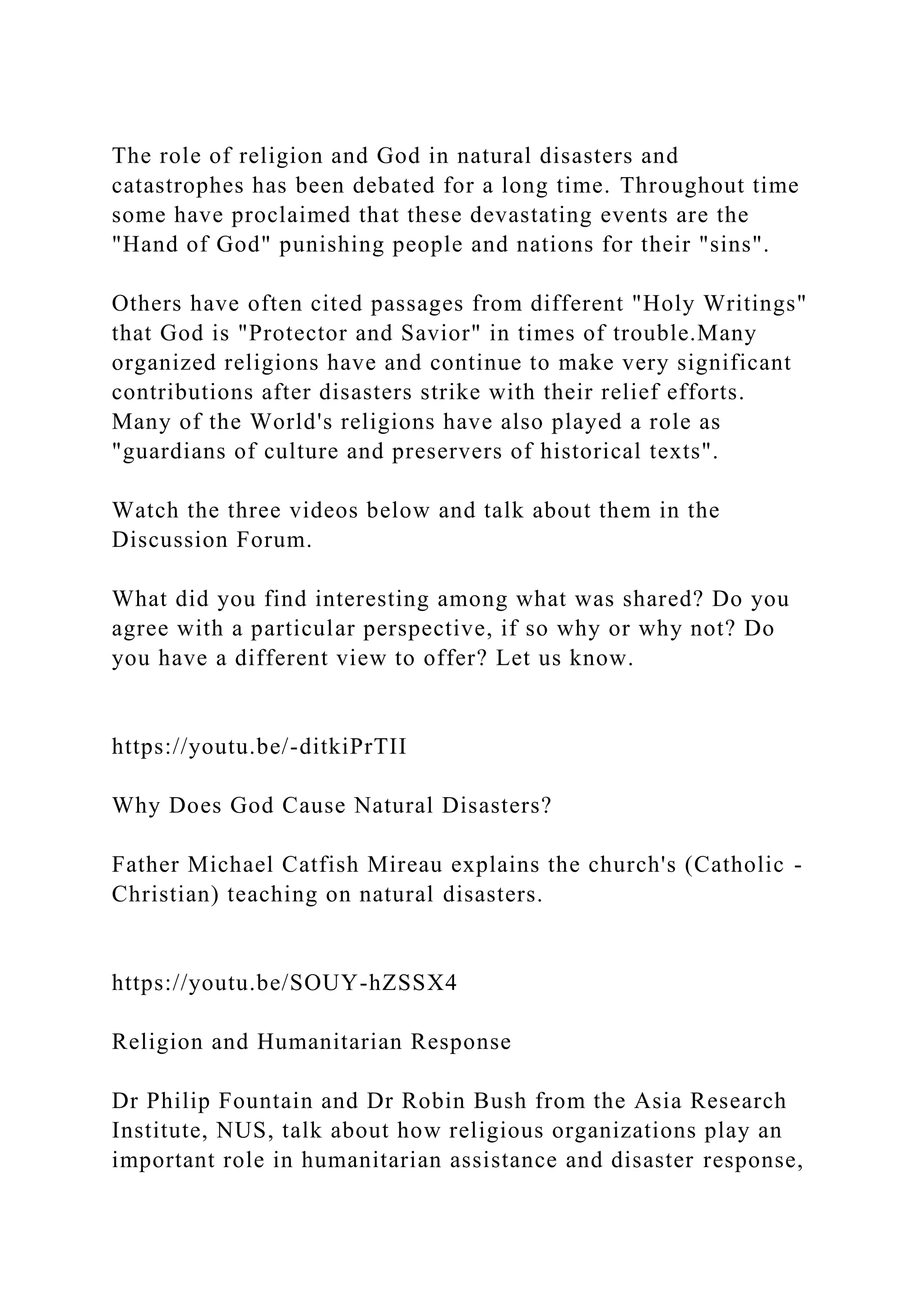 The role of religion and God in natural disasters and catastrophes h.docx