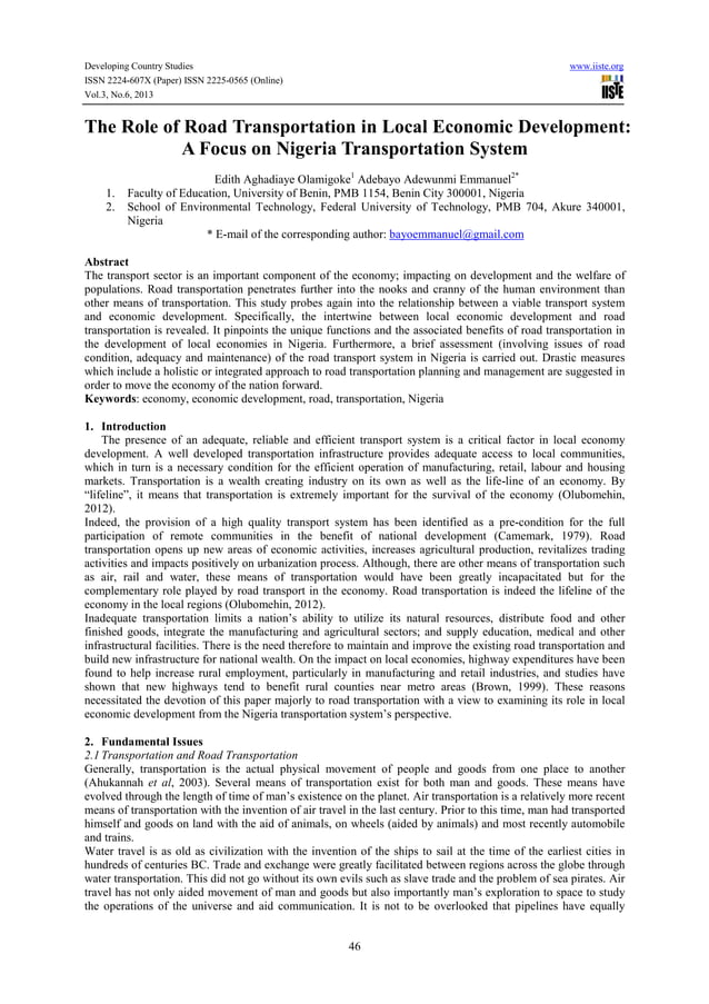The role of road transportation in local economic development a focus ...