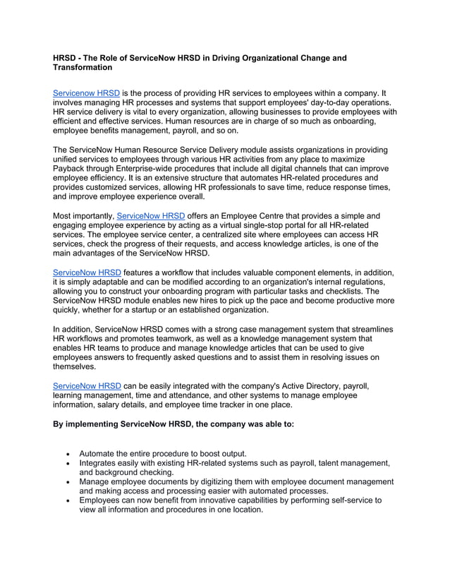 HRSD - The Role of ServiceNow HRSD in Driving Organizational Change and ...
