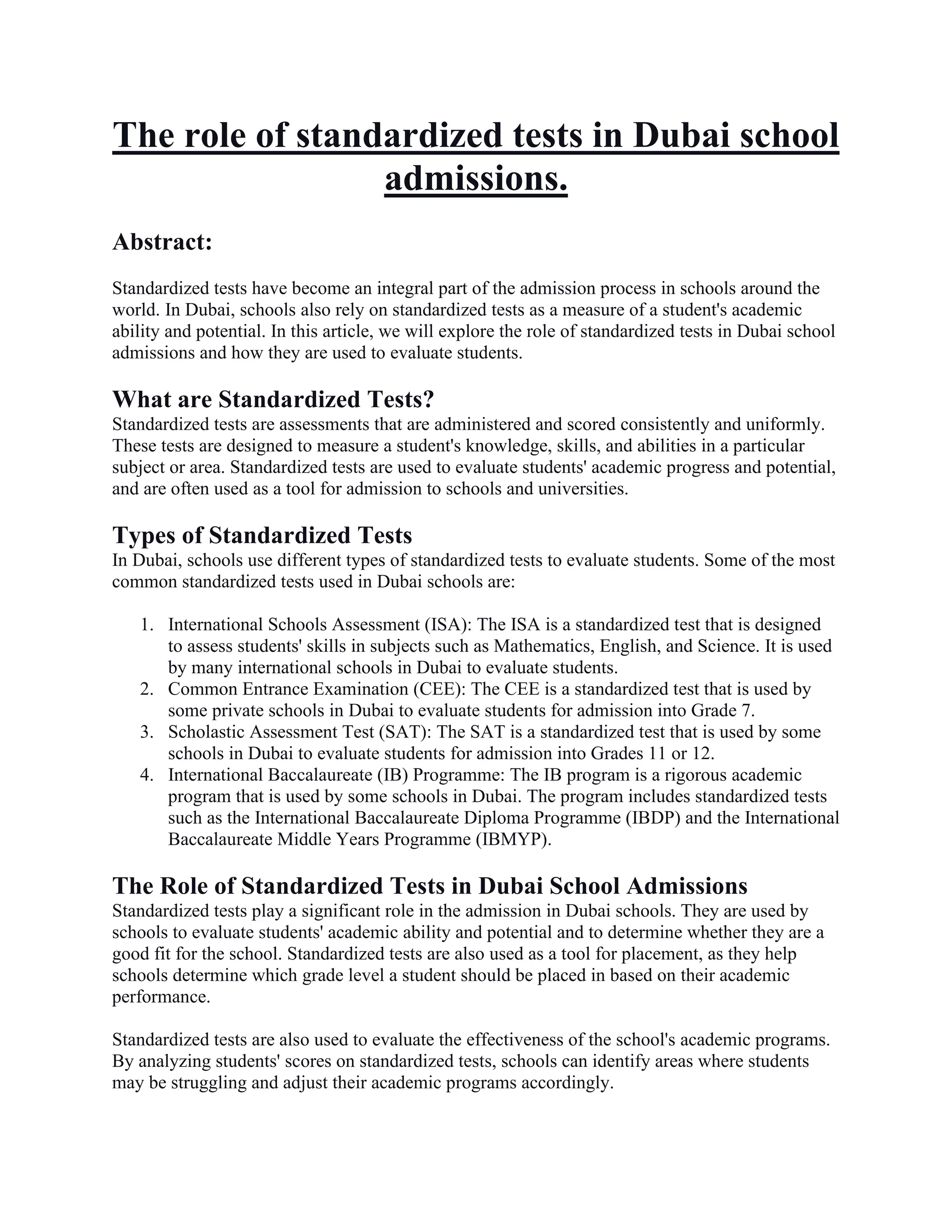 The Role of Standardized Tests in Dubai School Admissions. | PDF