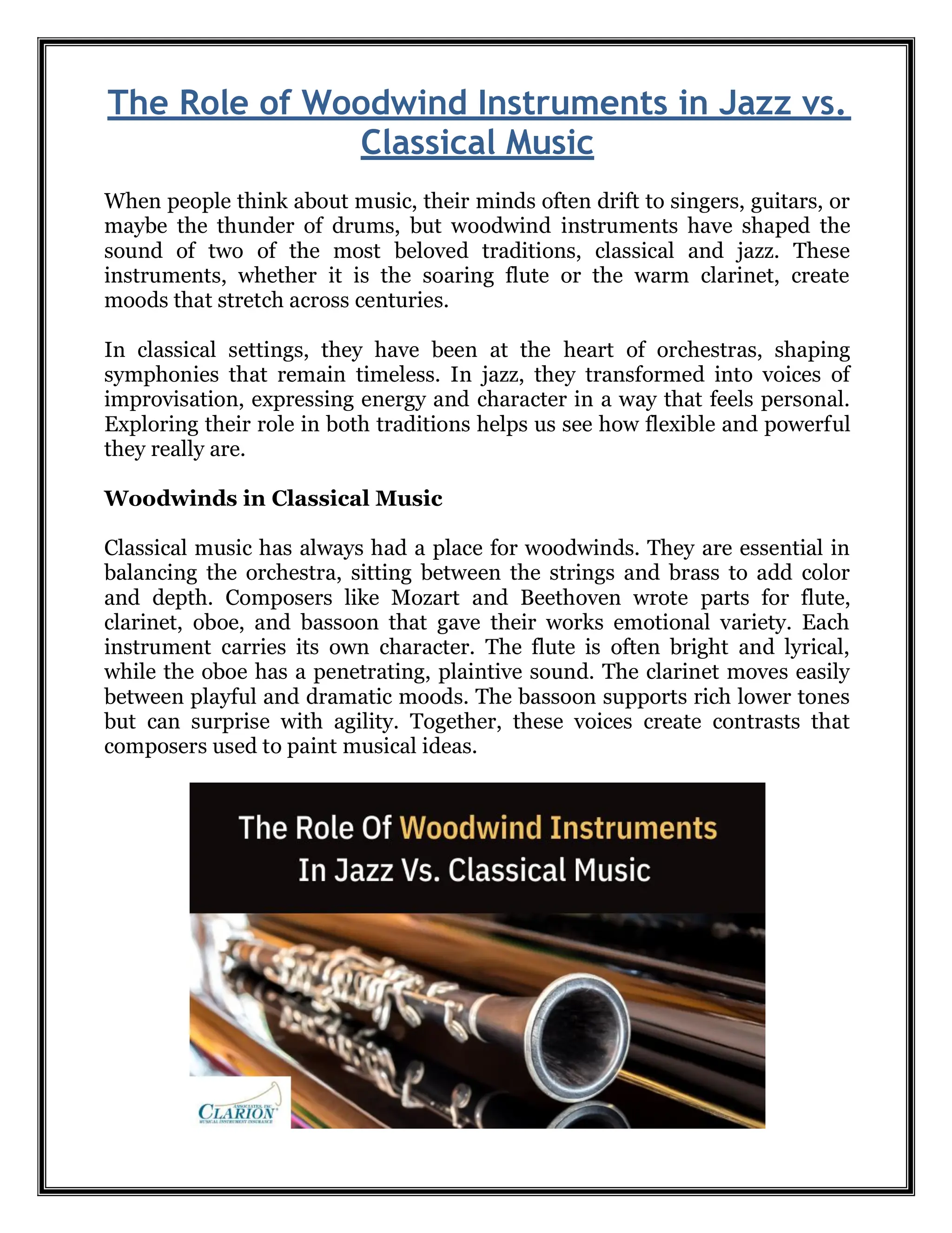 The Role of Woodwind Instruments in Jazz vs. Classical Music | PDF