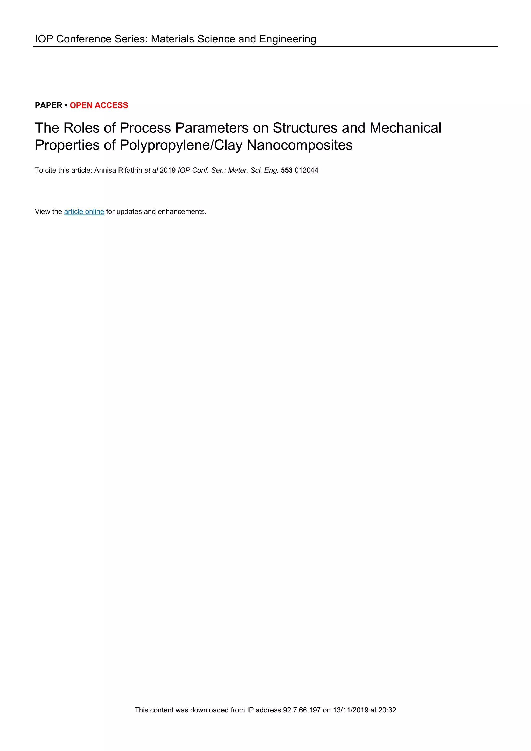The roles of process parameters on structures and mechanical properties of polypropylene clay ...