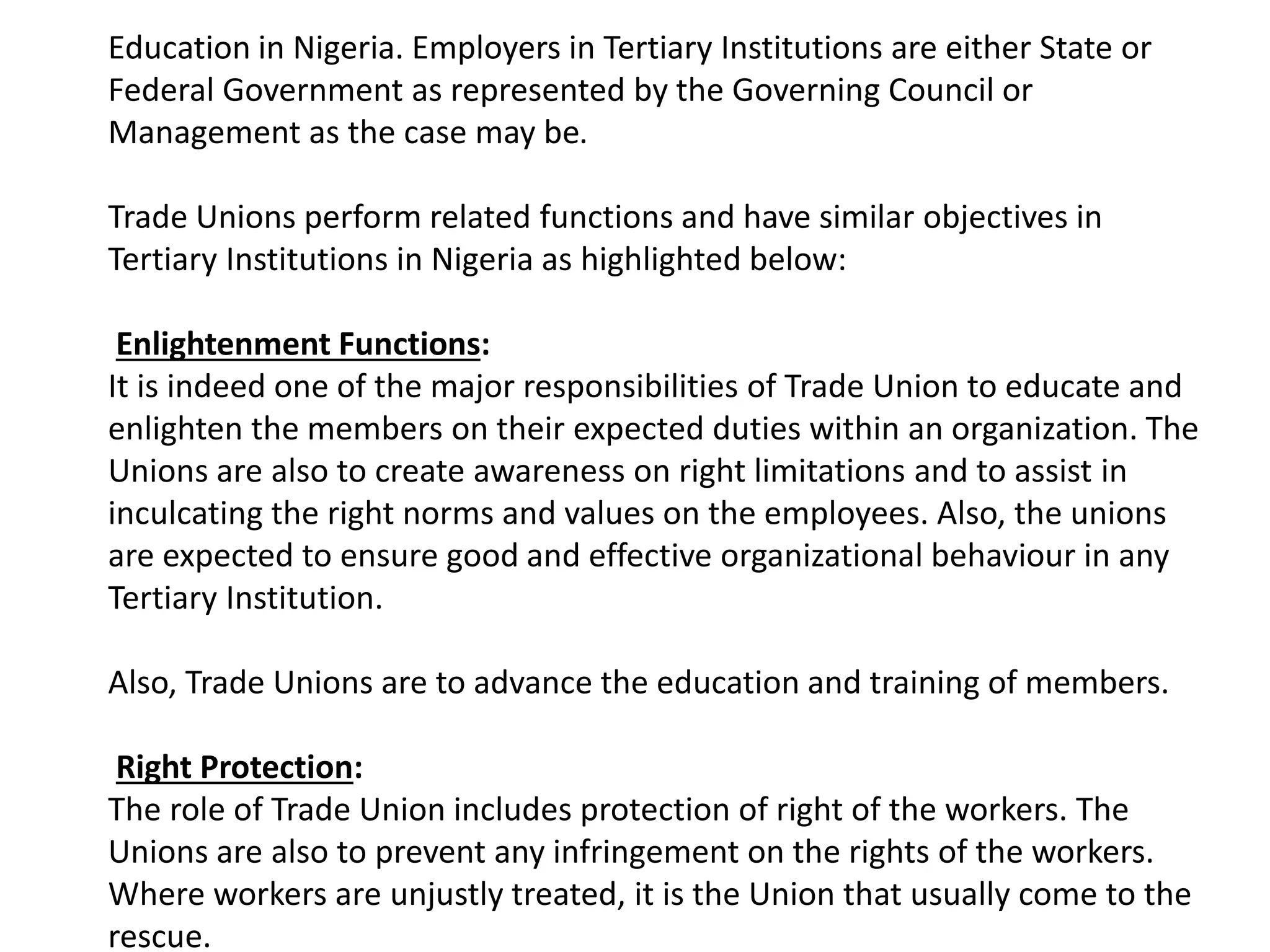 The roles of trade unions in tertiary institutions | PPTX
