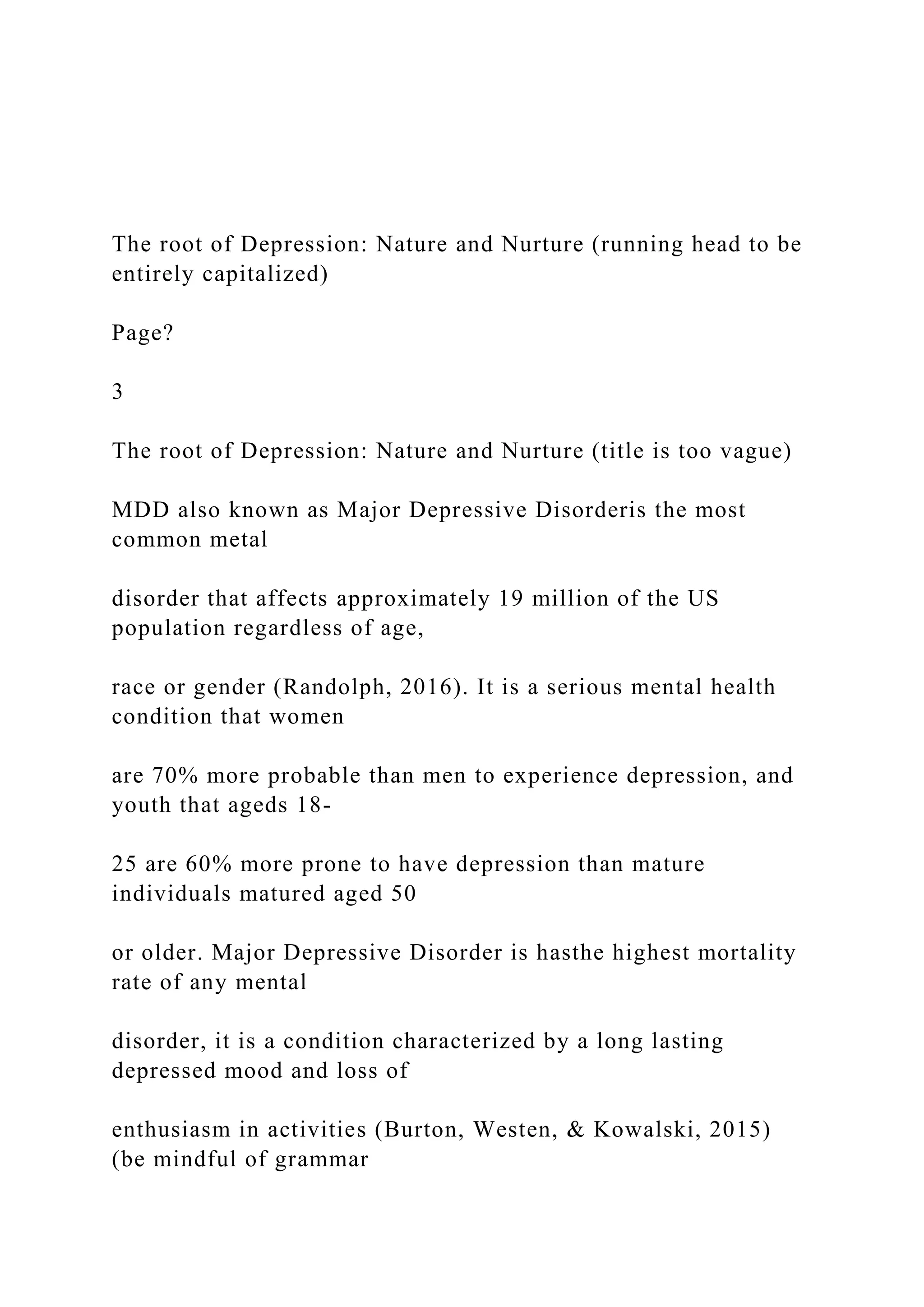 The root of Depression Nature and Nurture (running head to be.docx ...