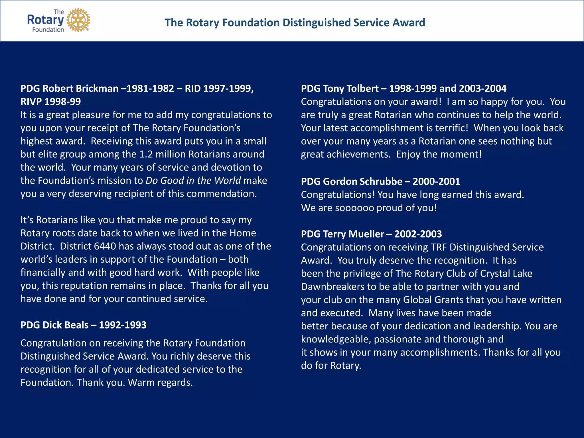 The Rotary Foundation Distinguished Service Award Presentation to ...