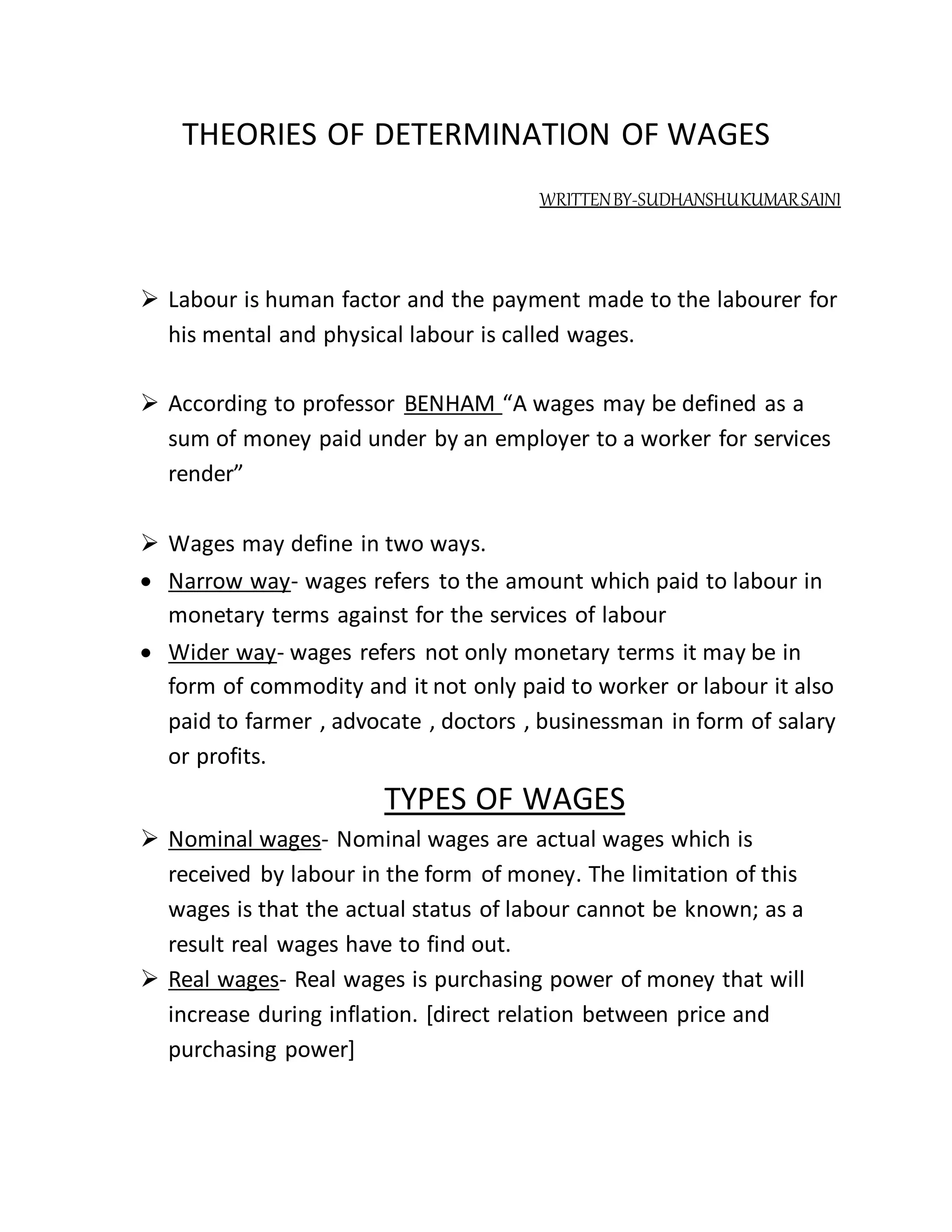 Theories of determination of wages | DOCX